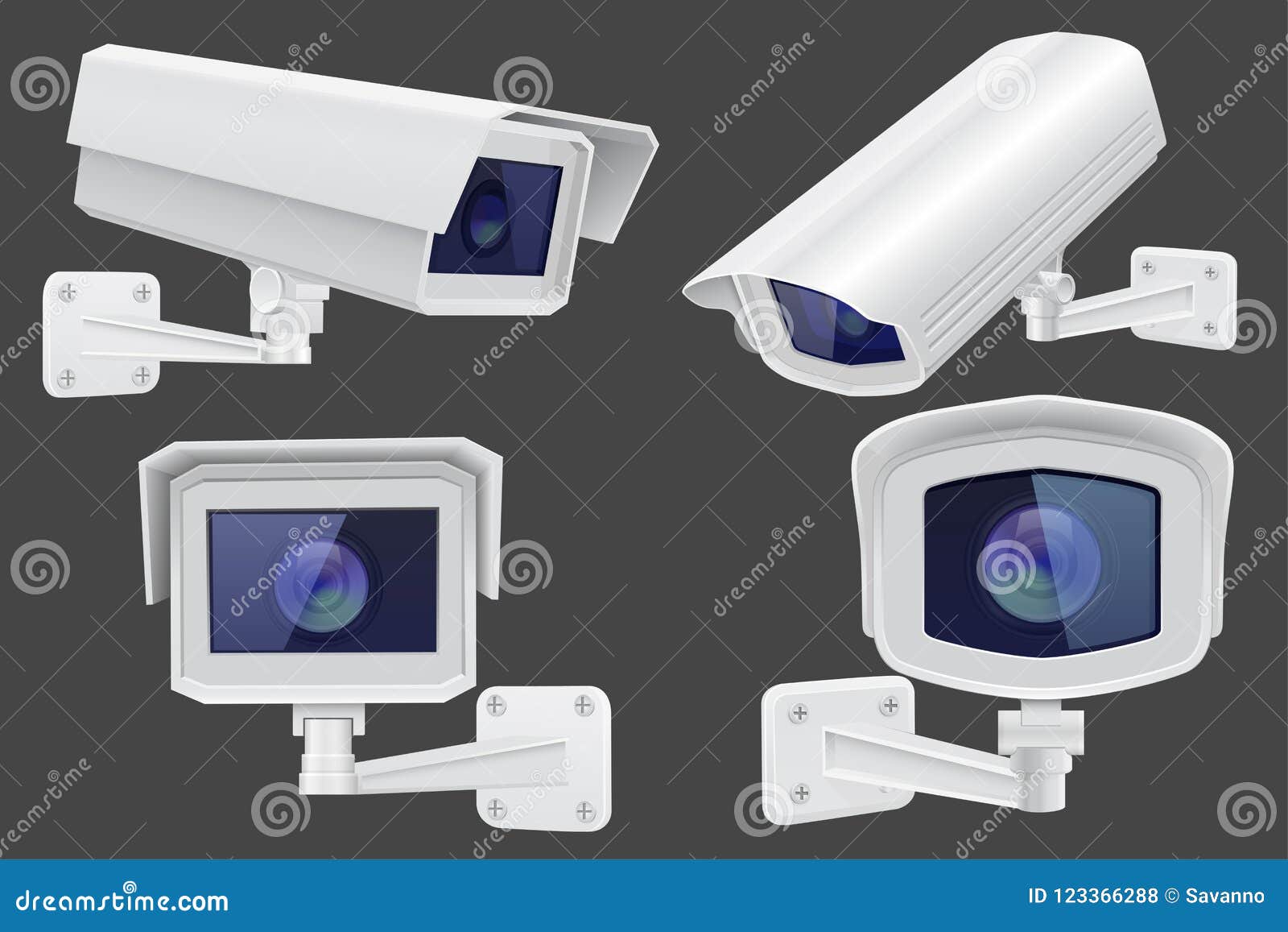 Security Camera Set. White CCTV Surveillance System On Black Background ...
