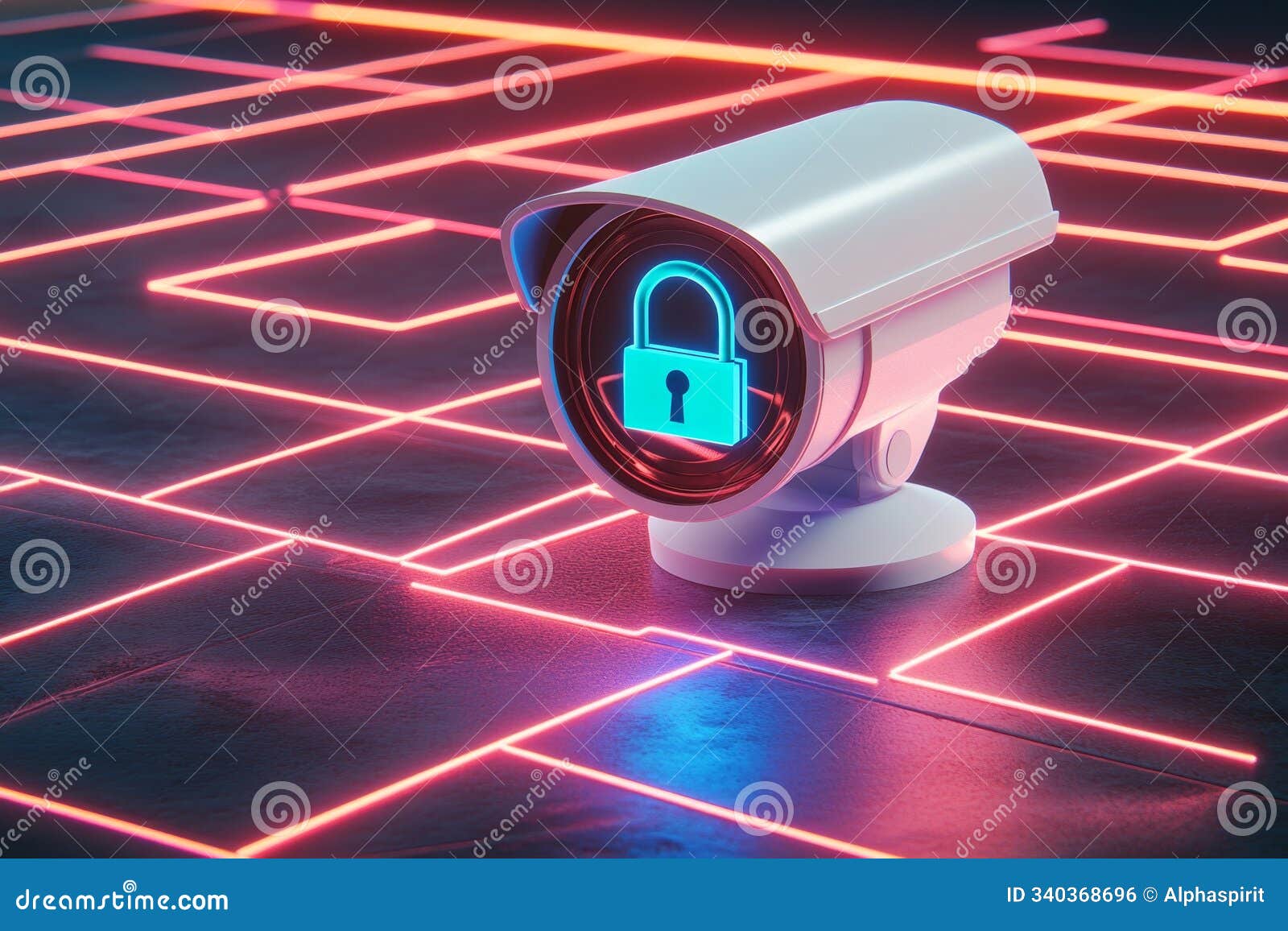 Security Camera Showing Lock Icon Protecting Network with Red Laser Grid Stock Photo - Image of ...