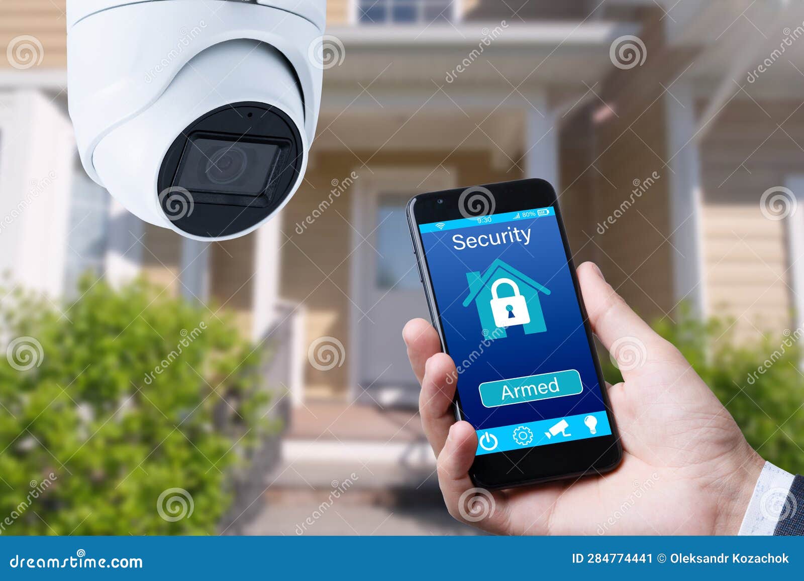 Security Camera and Smart Home App, Private House on the Background ...