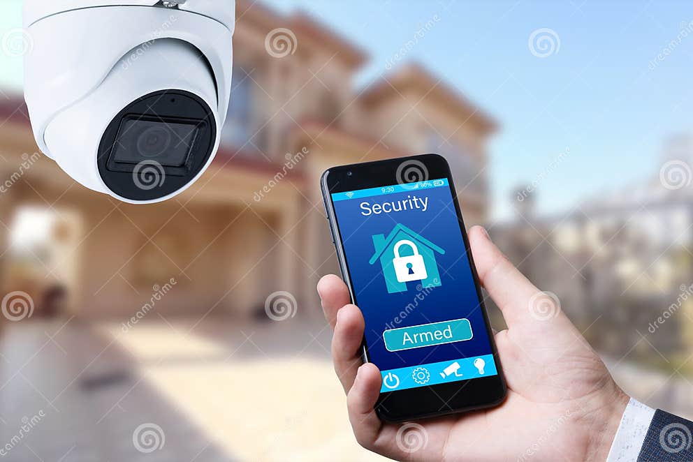 Security Camera and Smart Home App, Private House on the Background ...