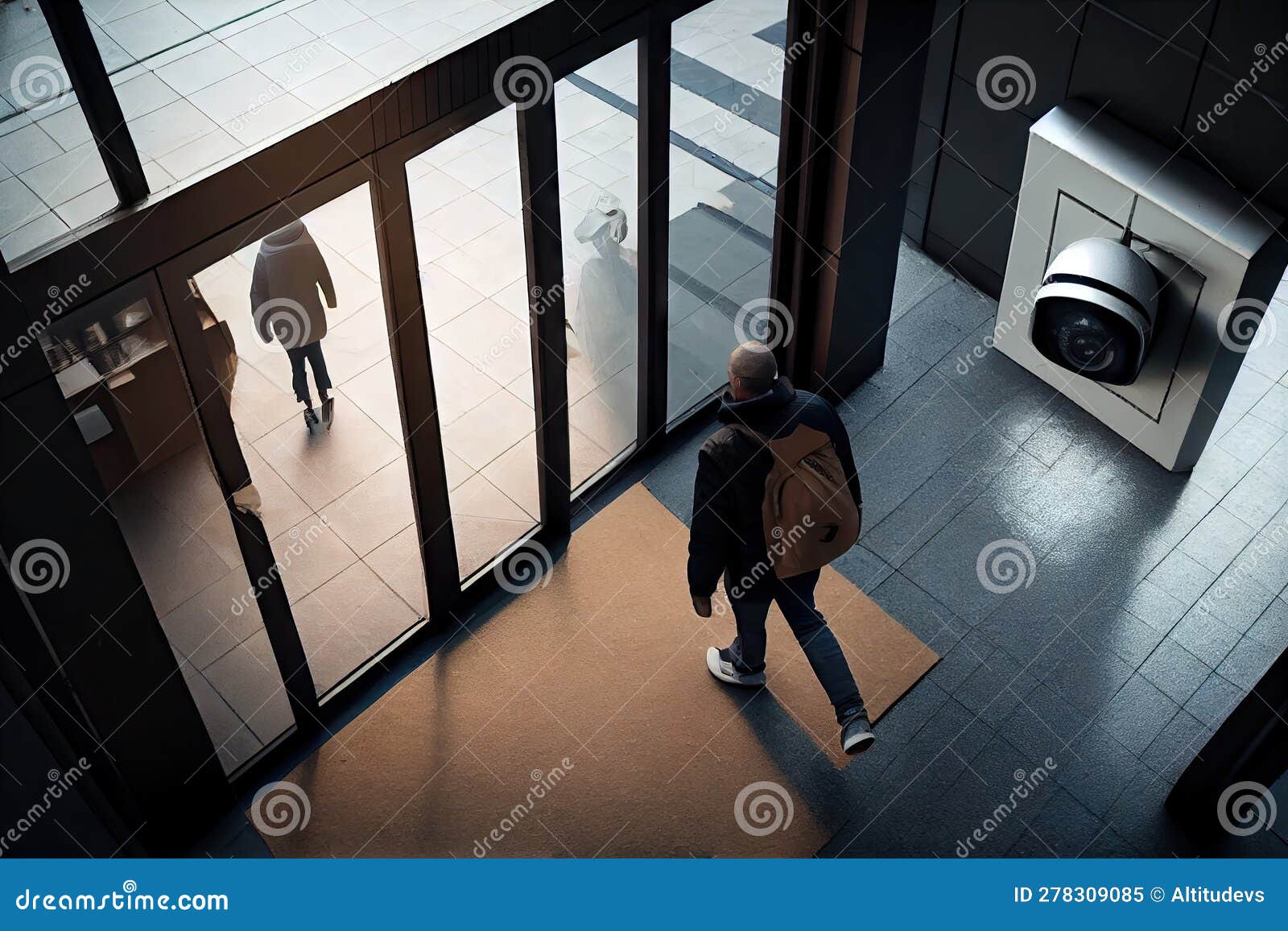 Security Camera View of the Front Entrance, with a Person Holding a Bag ...