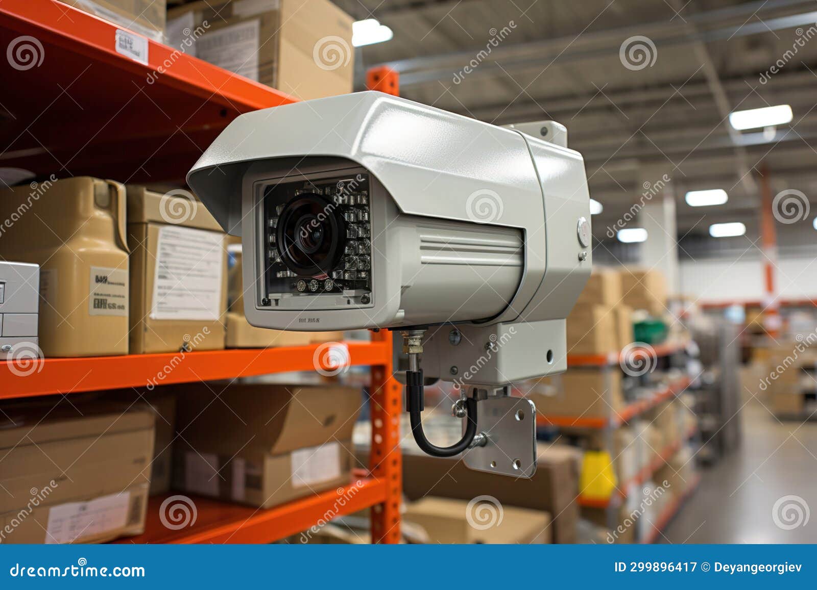 A Security Camera in Warehouse. Many Shelves and Boxes on Background ...