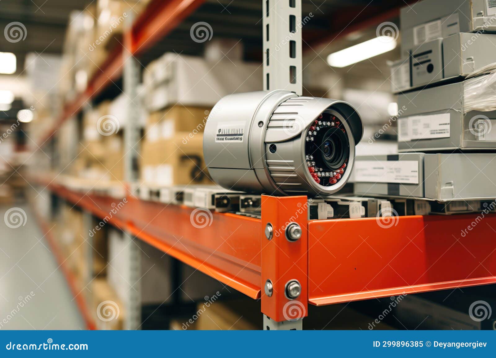 A Security Camera in Warehouse. Many Shelves and Boxes on Background ...