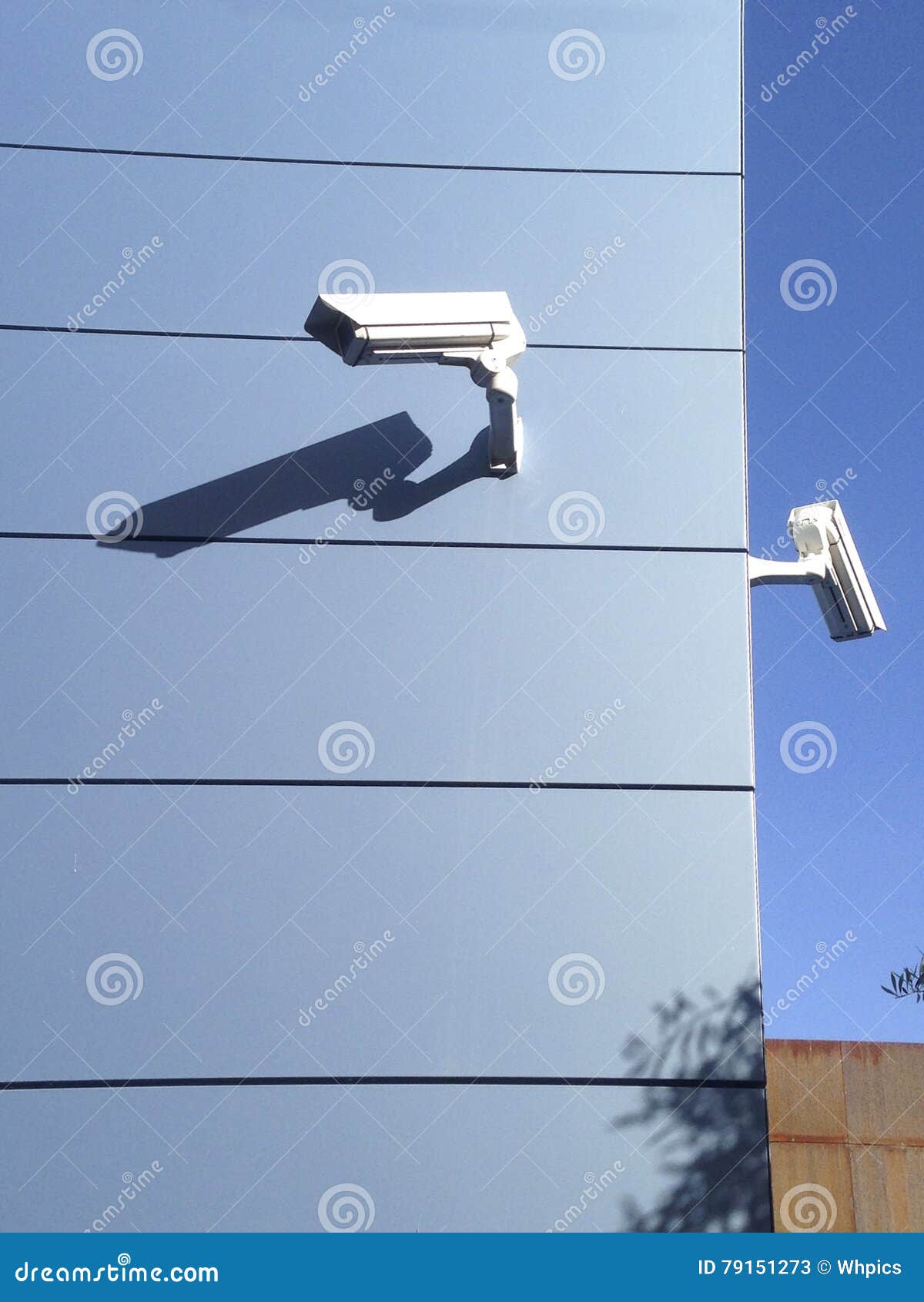 Security Cameras on Blue Building Corner Stock Image - Image of cctv ...