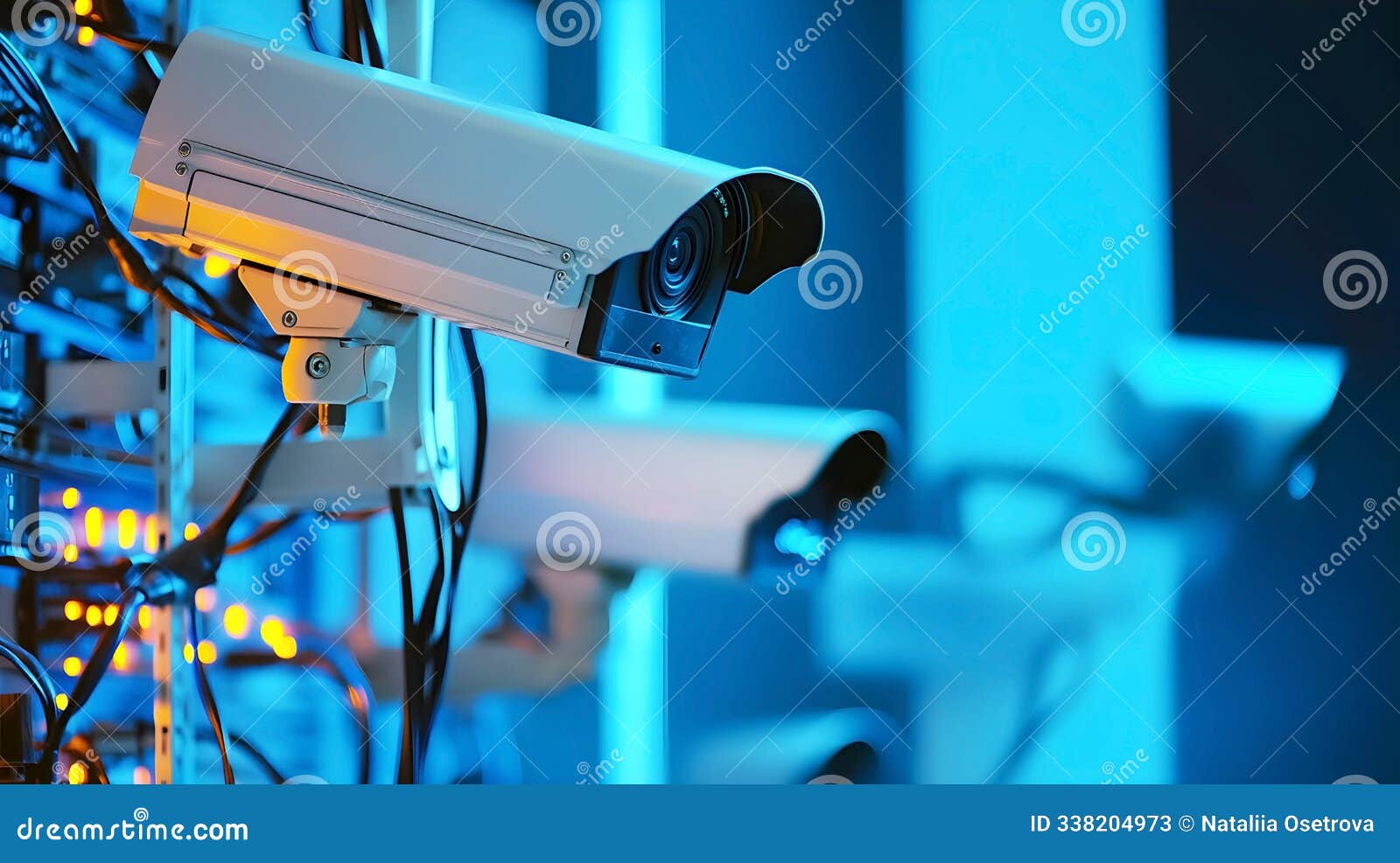Security Cameras Monitoring a Data Center with Blue Lighting and ...