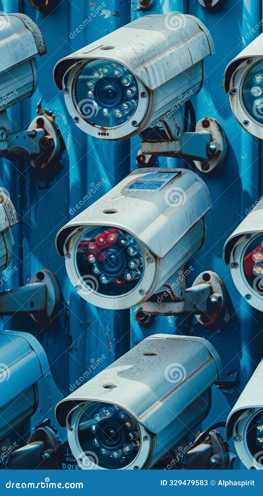 Security Cameras Mounted on Blue Wall Providing Surveillance Stock ...