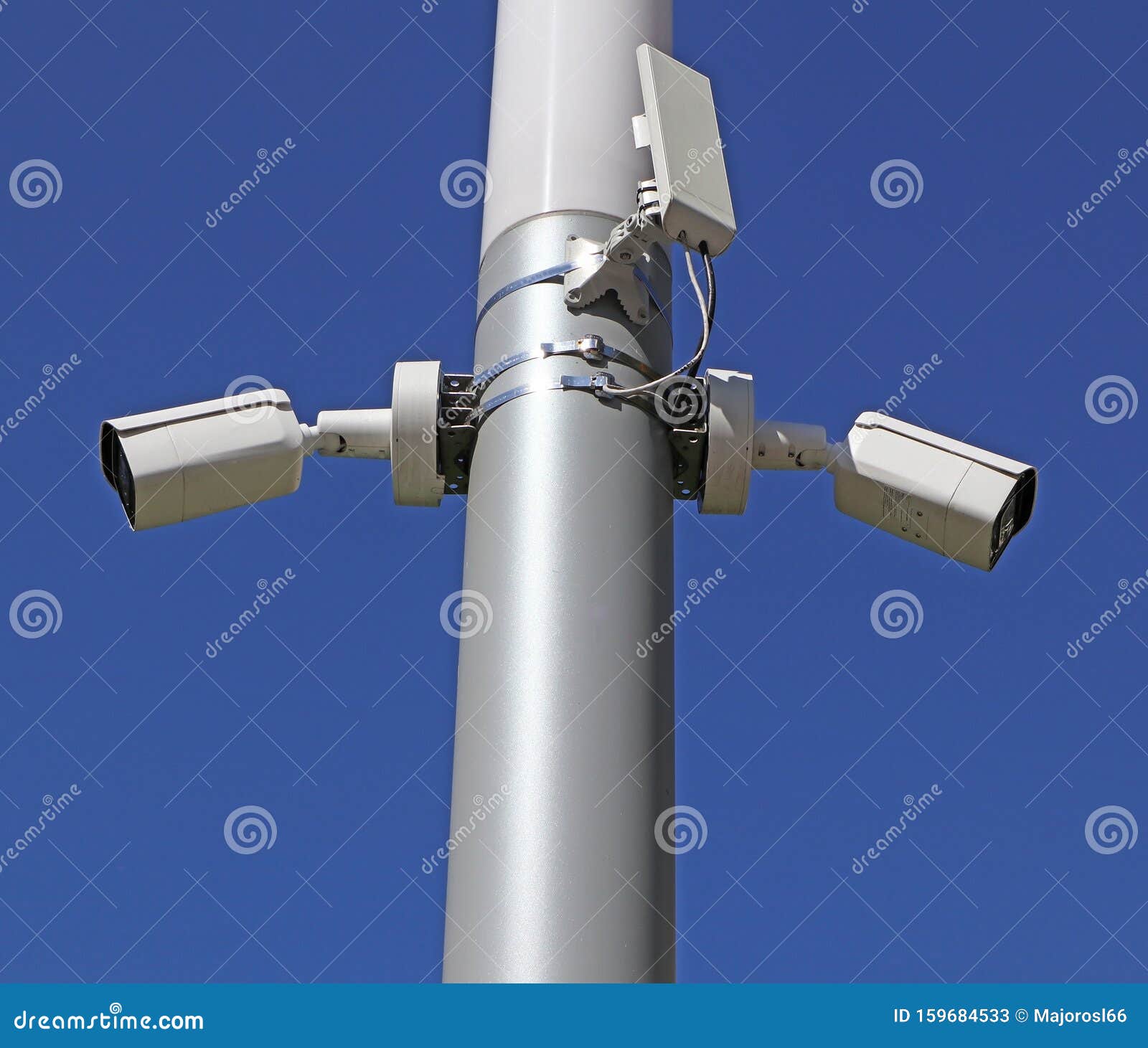 Security Cameras and a Wifi Router on a Metal Pole Outdoors Stock Image ...