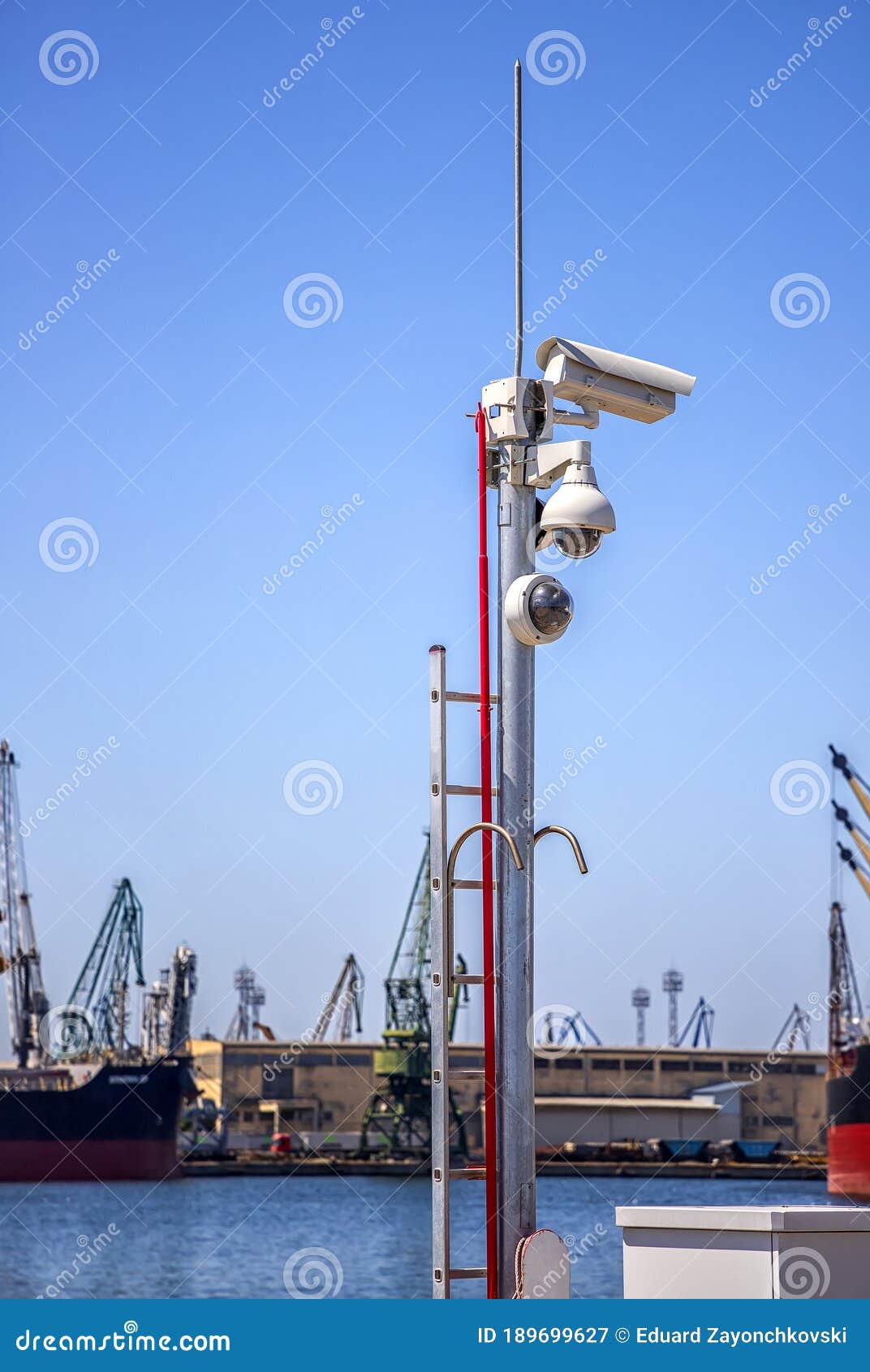 Security Cctv Cameras at Street on Pylon in Blue Background. Stock ...