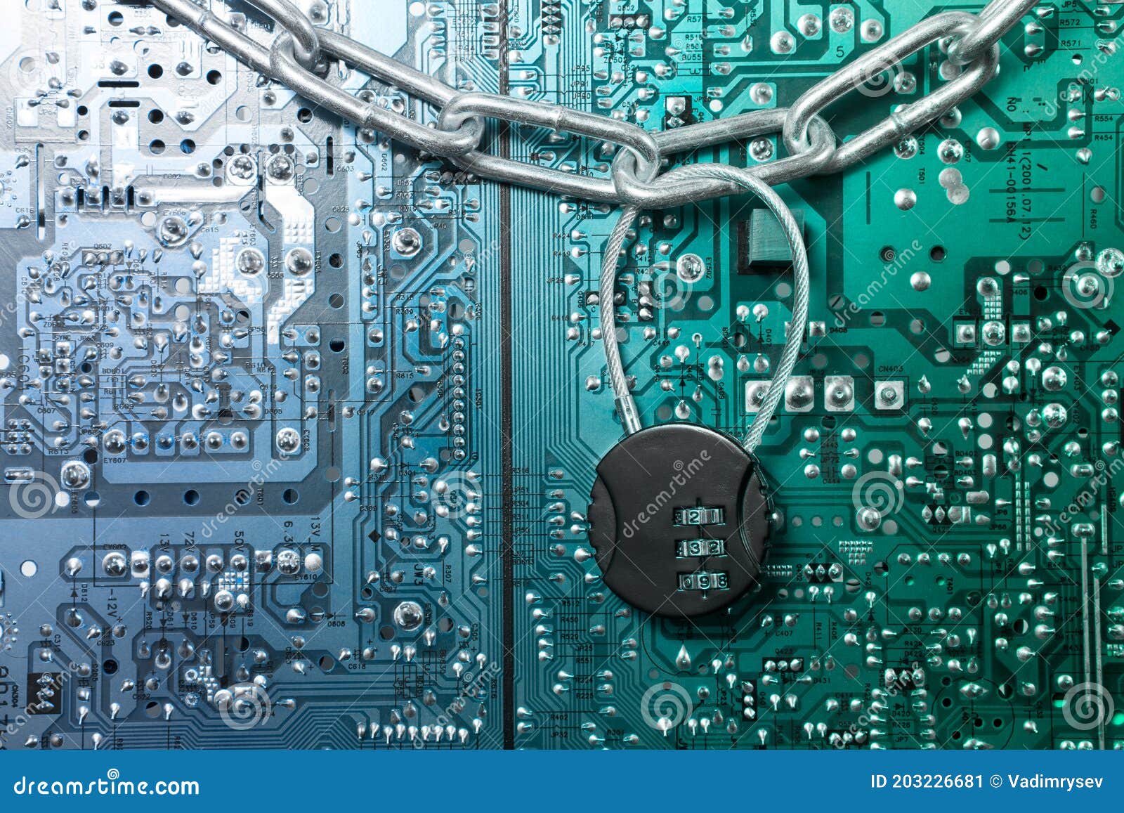 Security Cipher Padlock with Chain Computer Circuit Board. Stock Image ...
