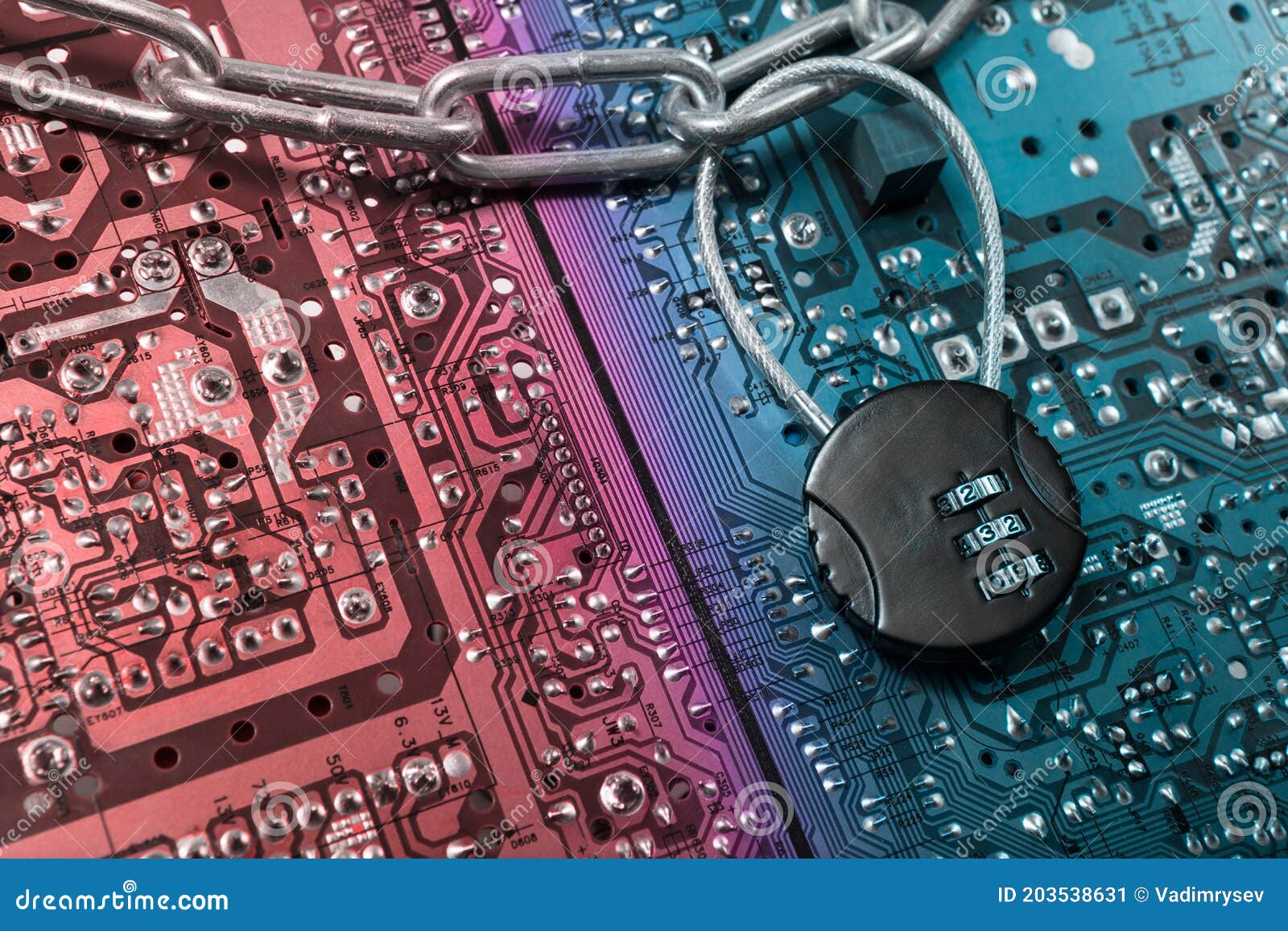 Security Cipher Padlock with Chain Computer Circuit Board Stock Image ...