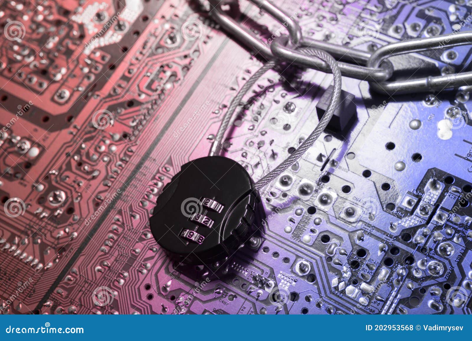 Security Cipher Padlock with Chain Computer Circuit Board. Stock Photo ...