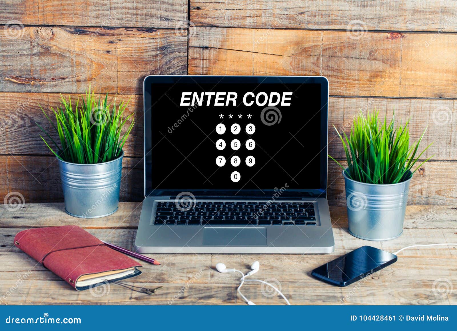 ENTER CODE in a Laptop Screen Placed on a Wooden Desk Stock Image ...