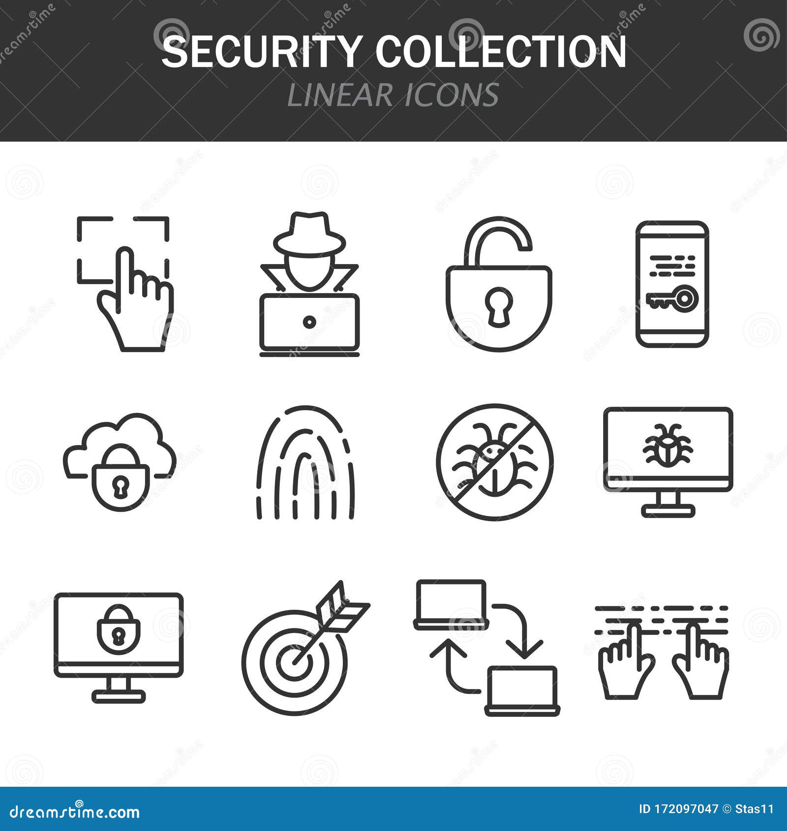 Security Collection Linear Icons In Black On A White Background Stock ...