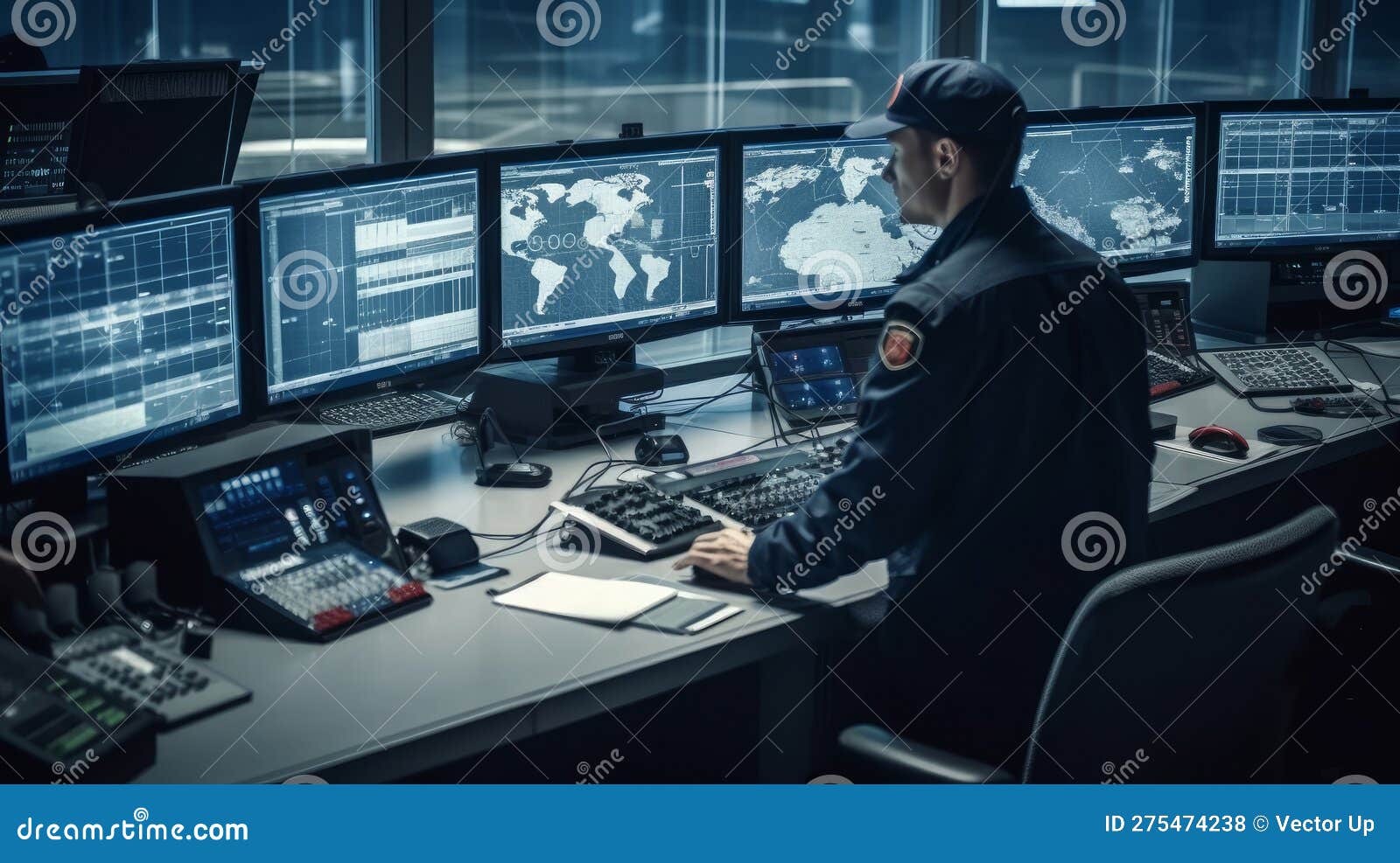 In the Security Control Room Officer Monitors Multiple Screens ...