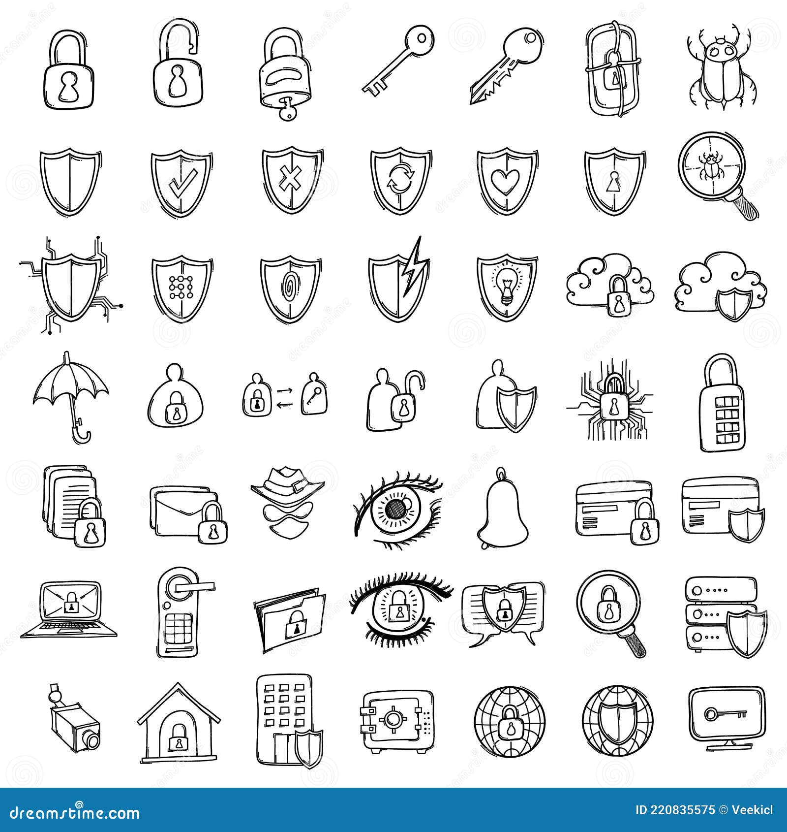 Security Doodle Vector Icon Set. Drawing Sketch Illustration Hand Drawn ...