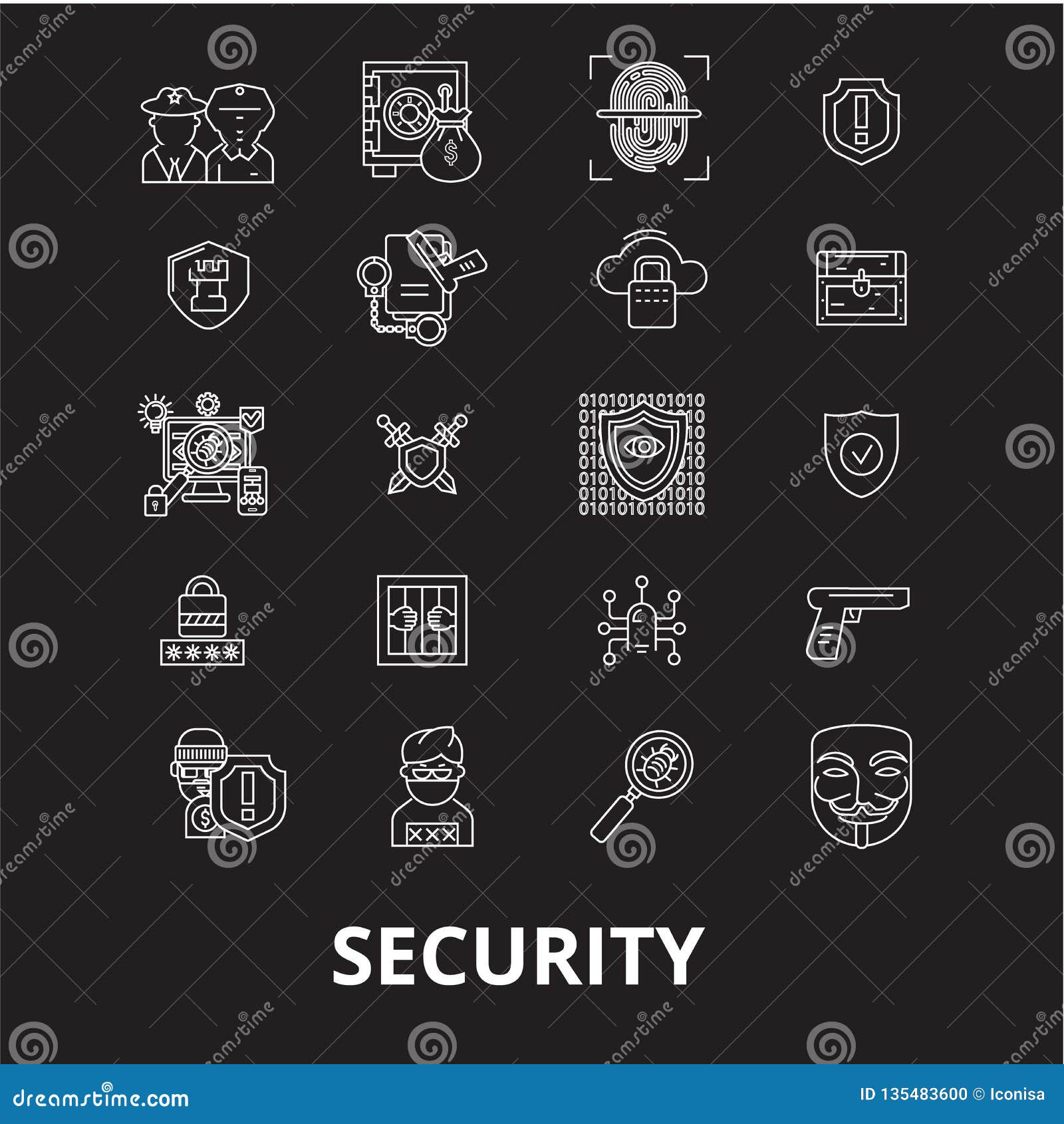 Security Editable Line Icons Vector Set on Black Background. Security ...