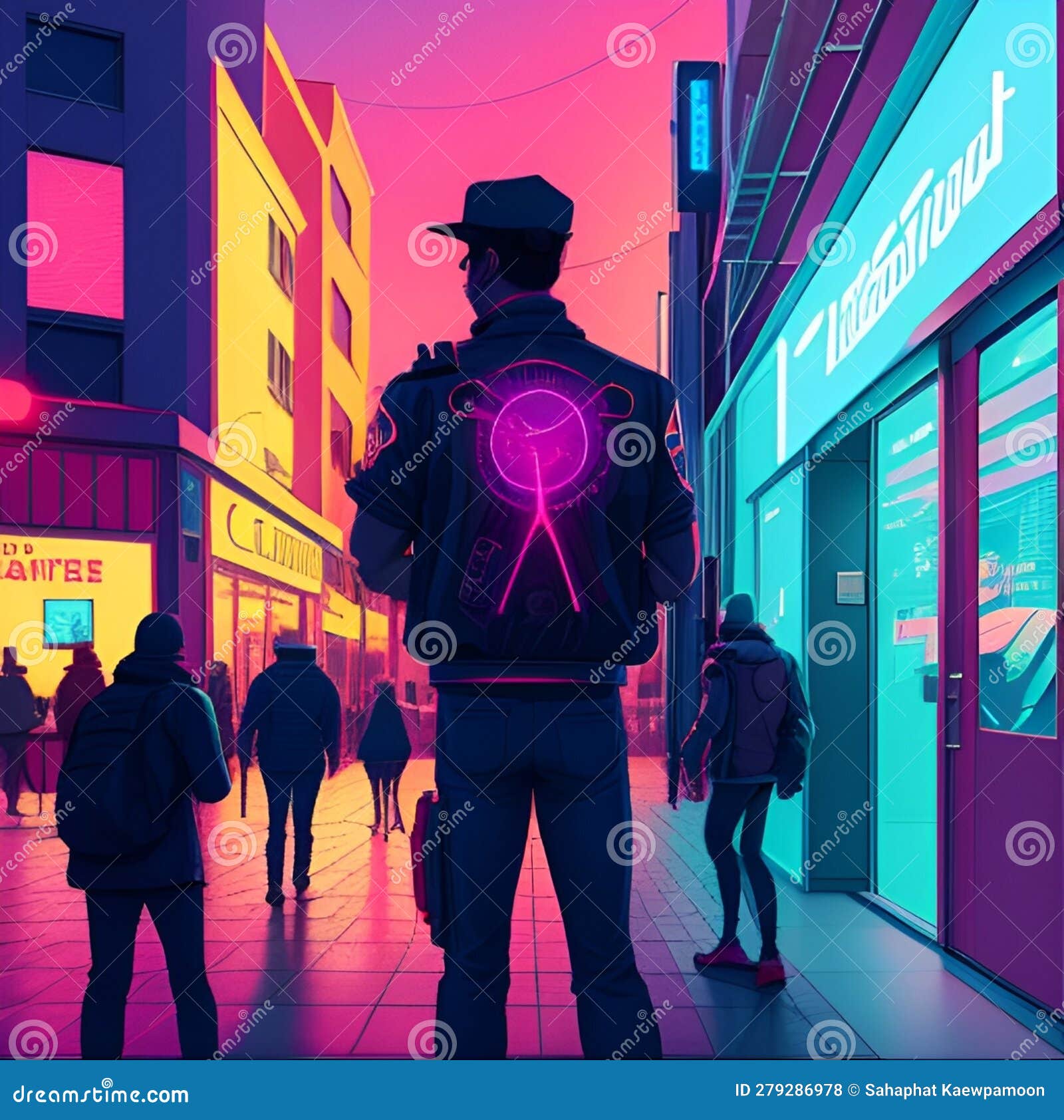 Security Guard in the City at Night. 3d Rendering Stock Illustration ...