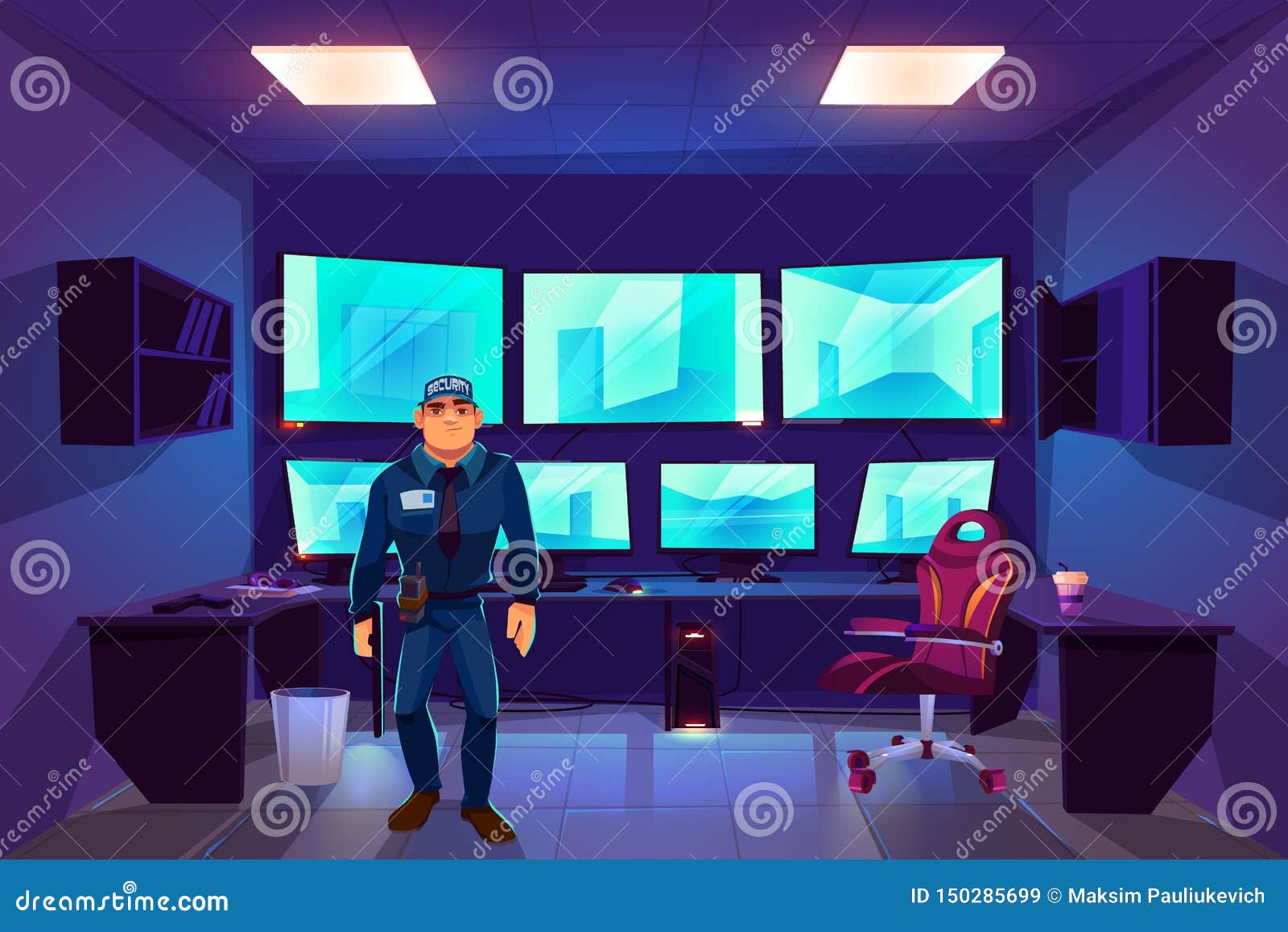 Security Guard in Control Cctv Room with Monitors Stock Vector ...