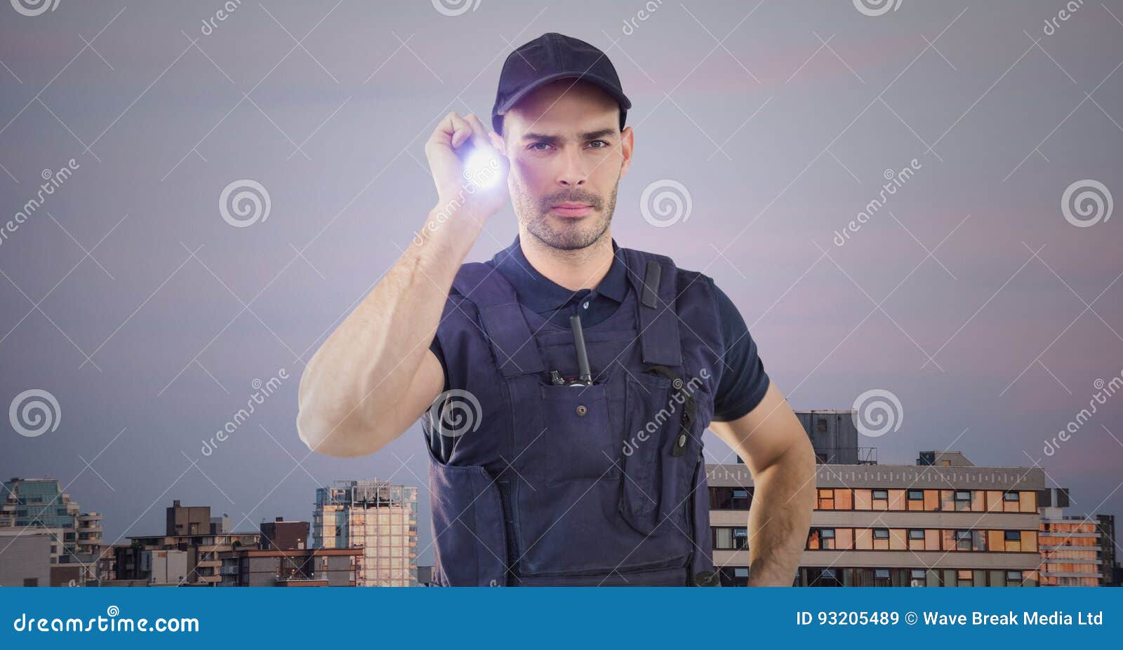 Security Guard with Flashlight Against Buildings and Purple Sky Stock ...