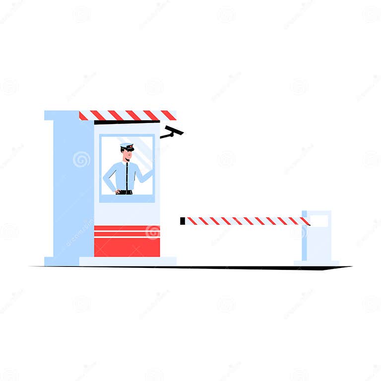 Security Guard at Gate Barrier in Flat Vector Illustration Symbolizing ...