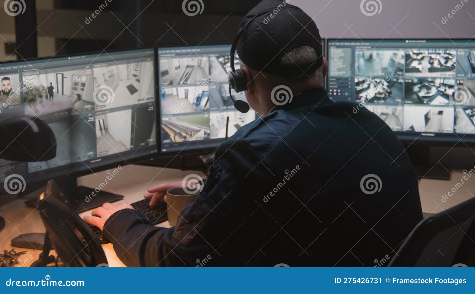 Security Guard Uses Software with Surveillance Cameras Playback Stock ...