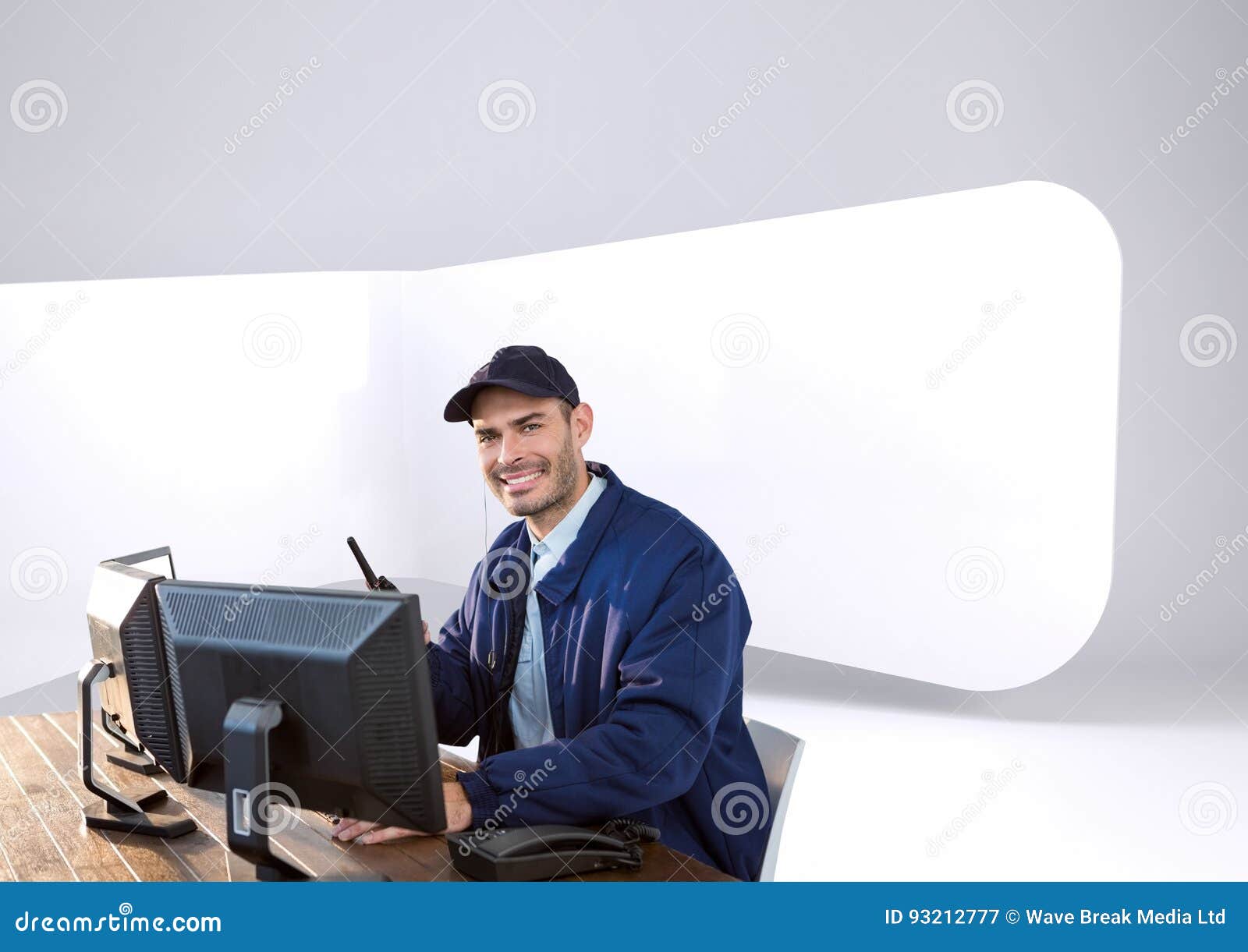 Security Guard on His Desk Working. White Office Stock Image - Image of ...