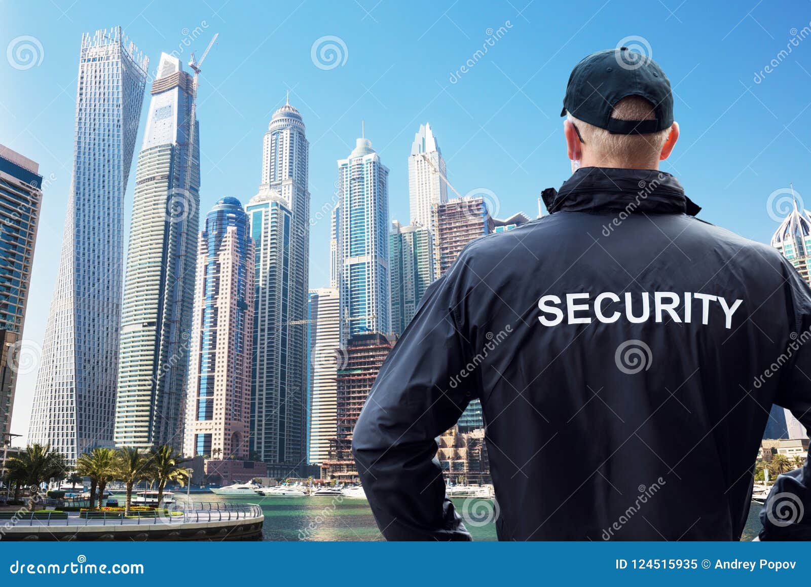 Security Guard Looking at City Skyline Stock Image - Image of authority ...