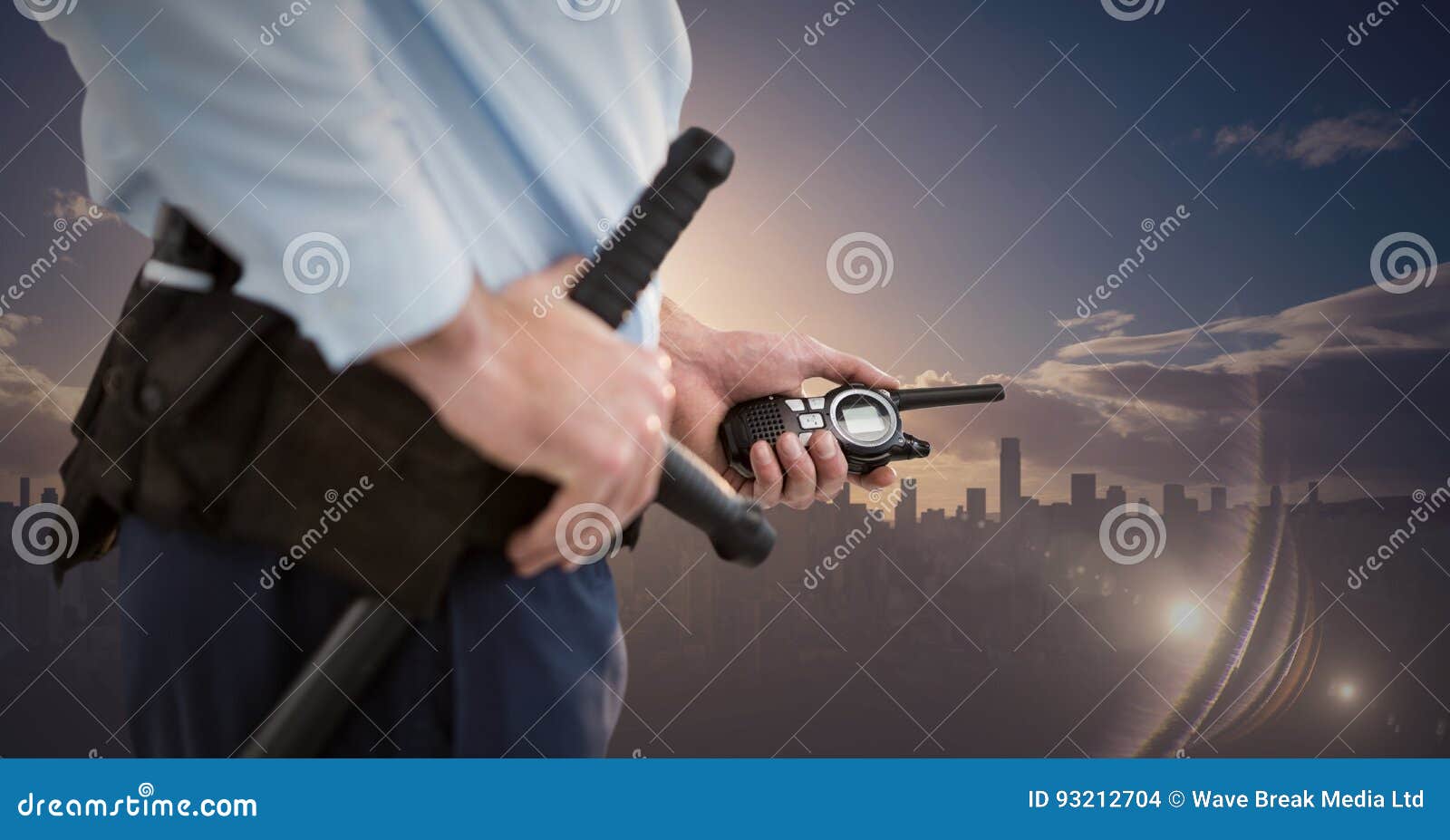 Security Guard Lower Body Against Skyline and Sunset Stock Photo ...