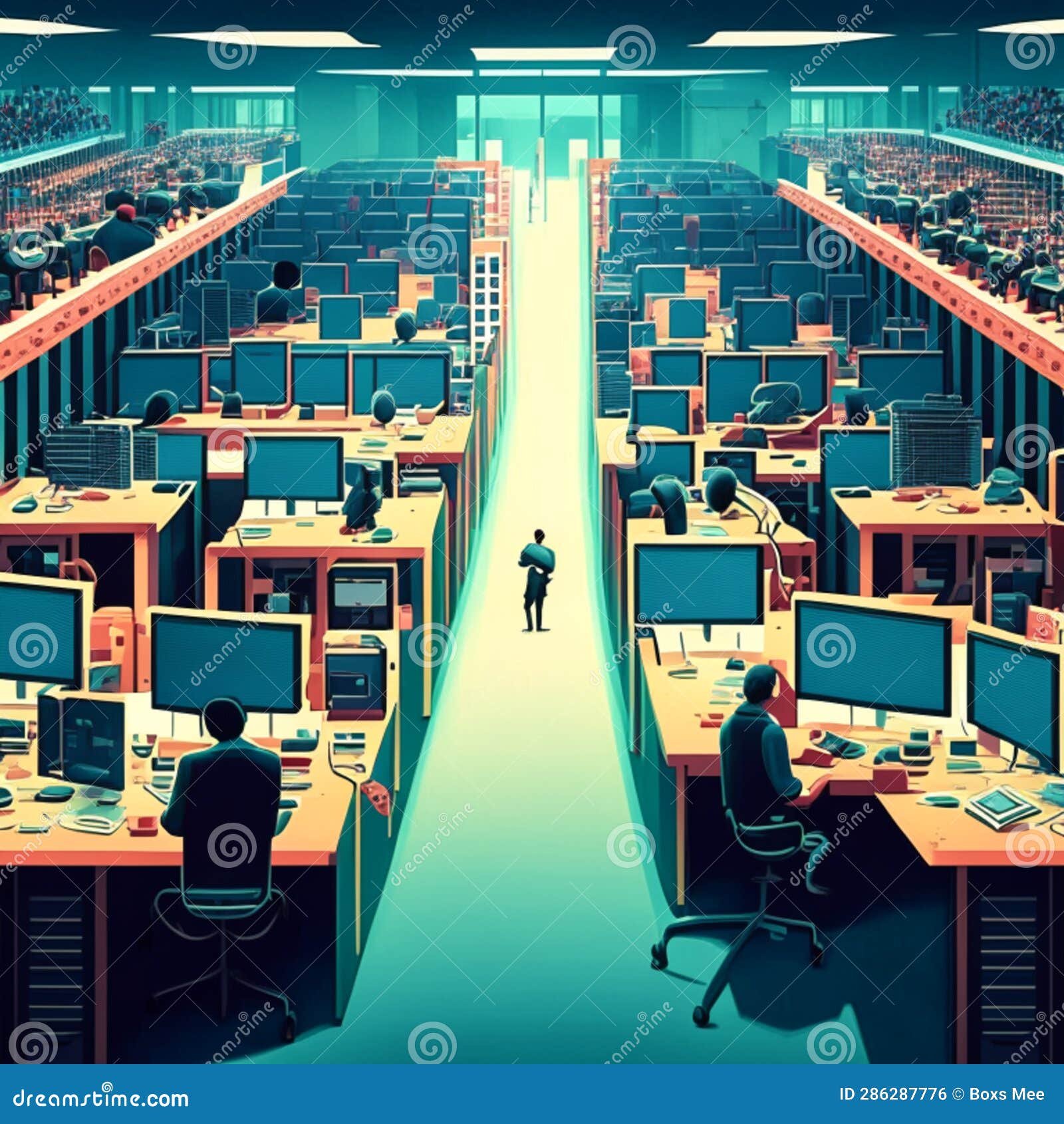 Security Guard Monitoring Computers In A Large Data Center 3d