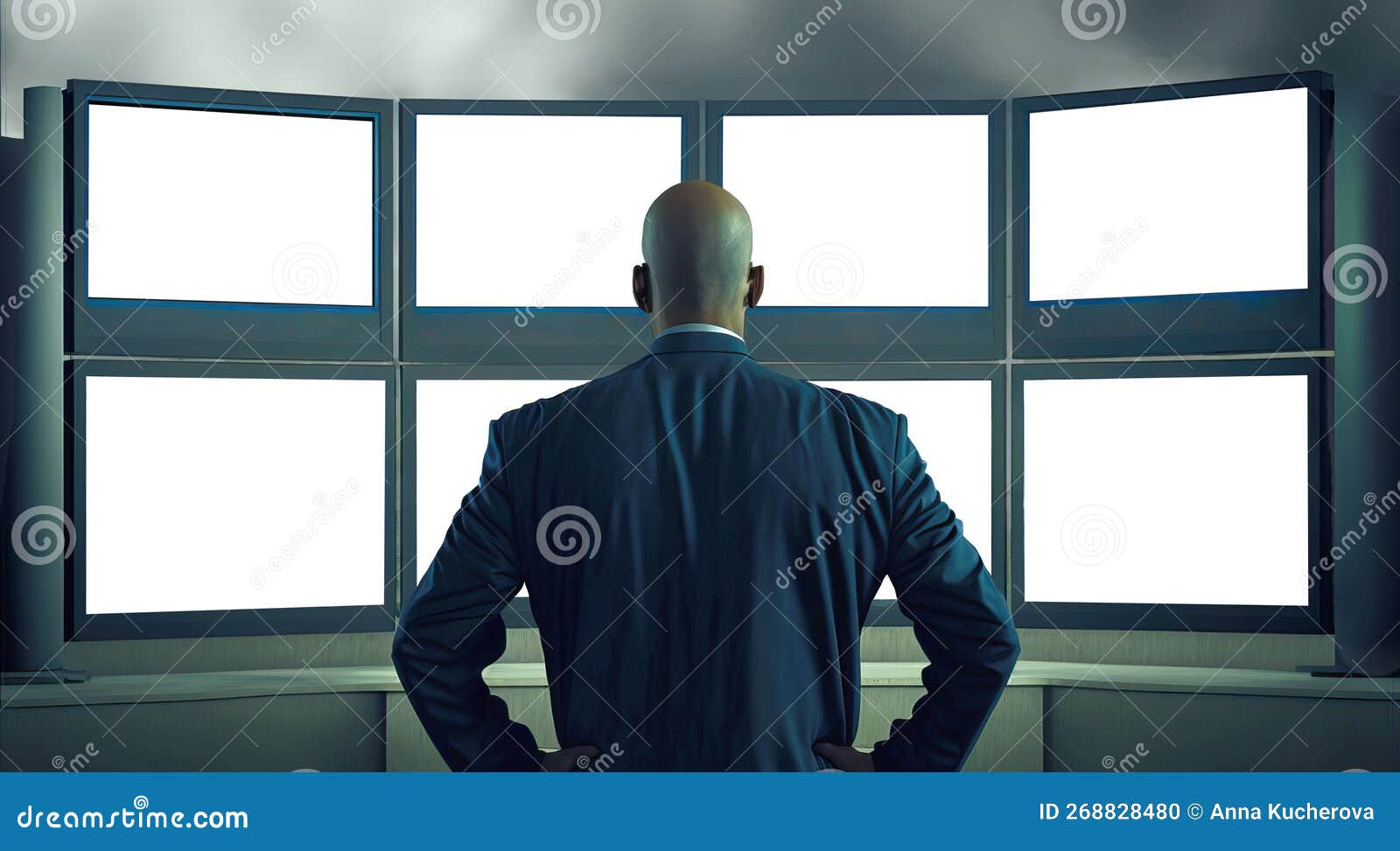 A Security Guard Monitors Multiple Screens Standing in a Control Room ...