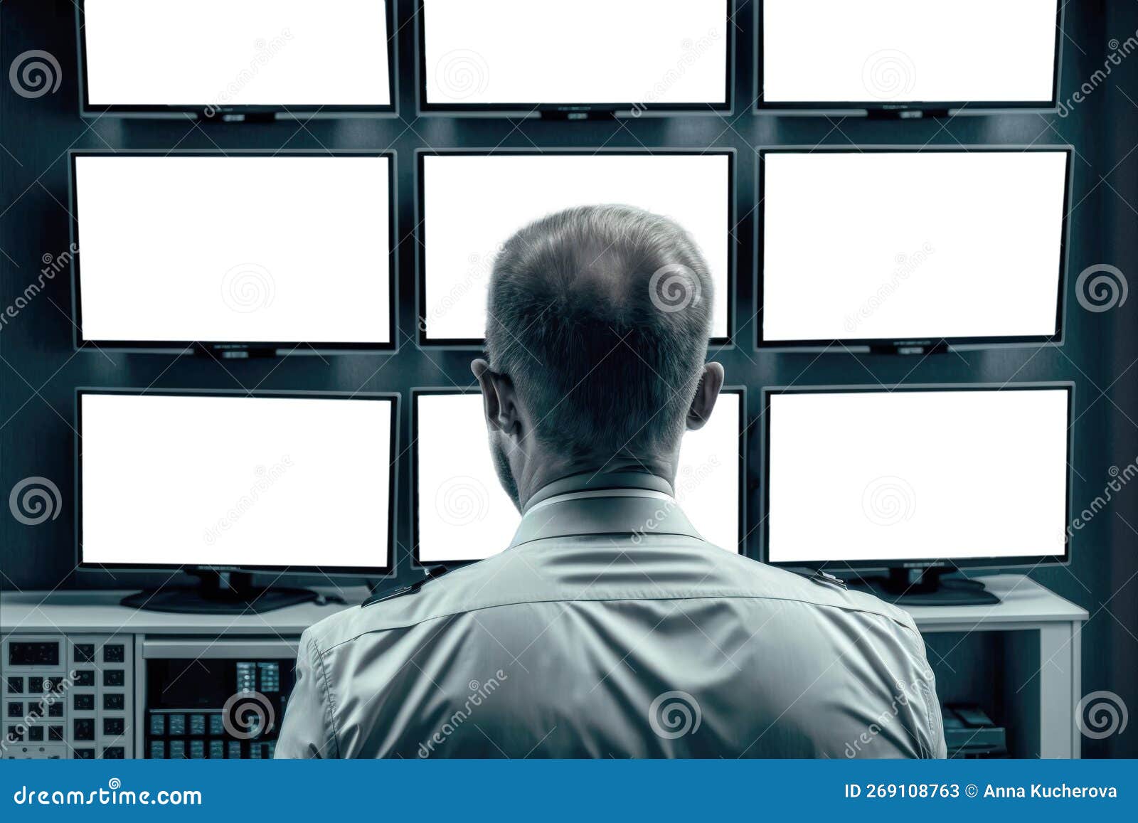 A Security Guard Observes Multiple Screens from a Surveillance Hub ...