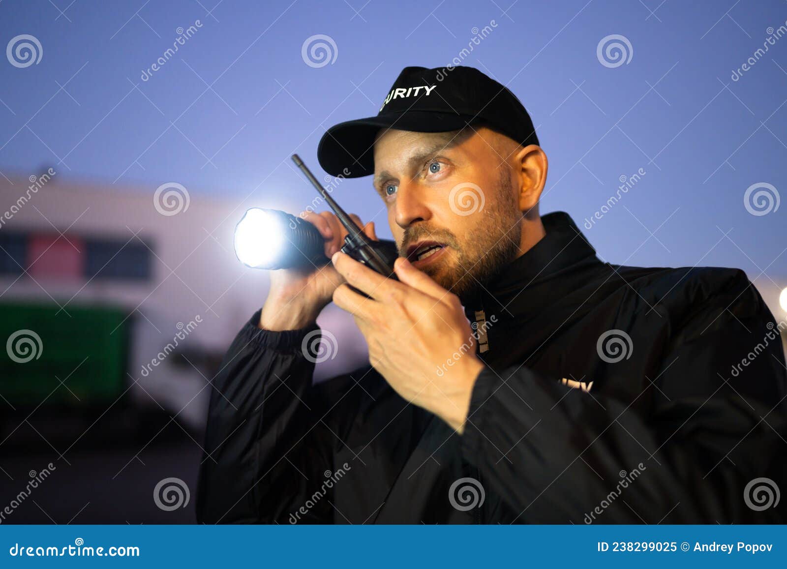 Security Guard Officer Using Walkie-Talkie Radio Stock Image - Image of ...