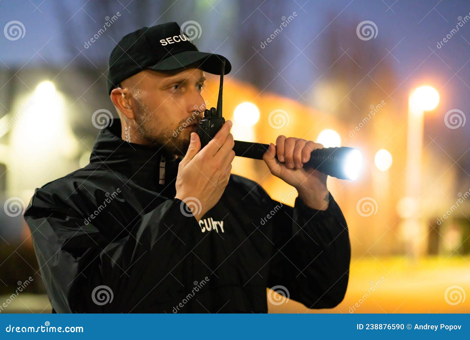 Security Guard Officer Using Walkie-Talkie Radio Stock Photo - Image of ...