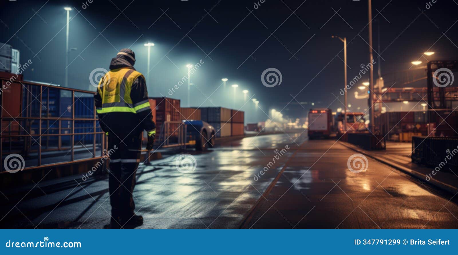 A Security Guard Patrolling a Cargo Terminal at Night Stock ...