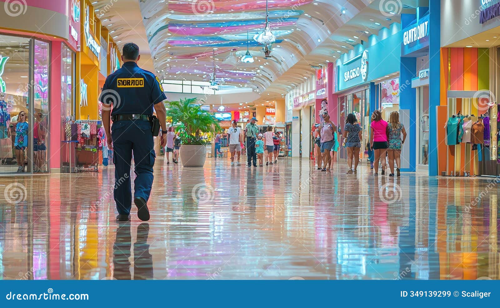 Security Guard Patrolling Vibrant Shopping Mall Interior with Diverse ...