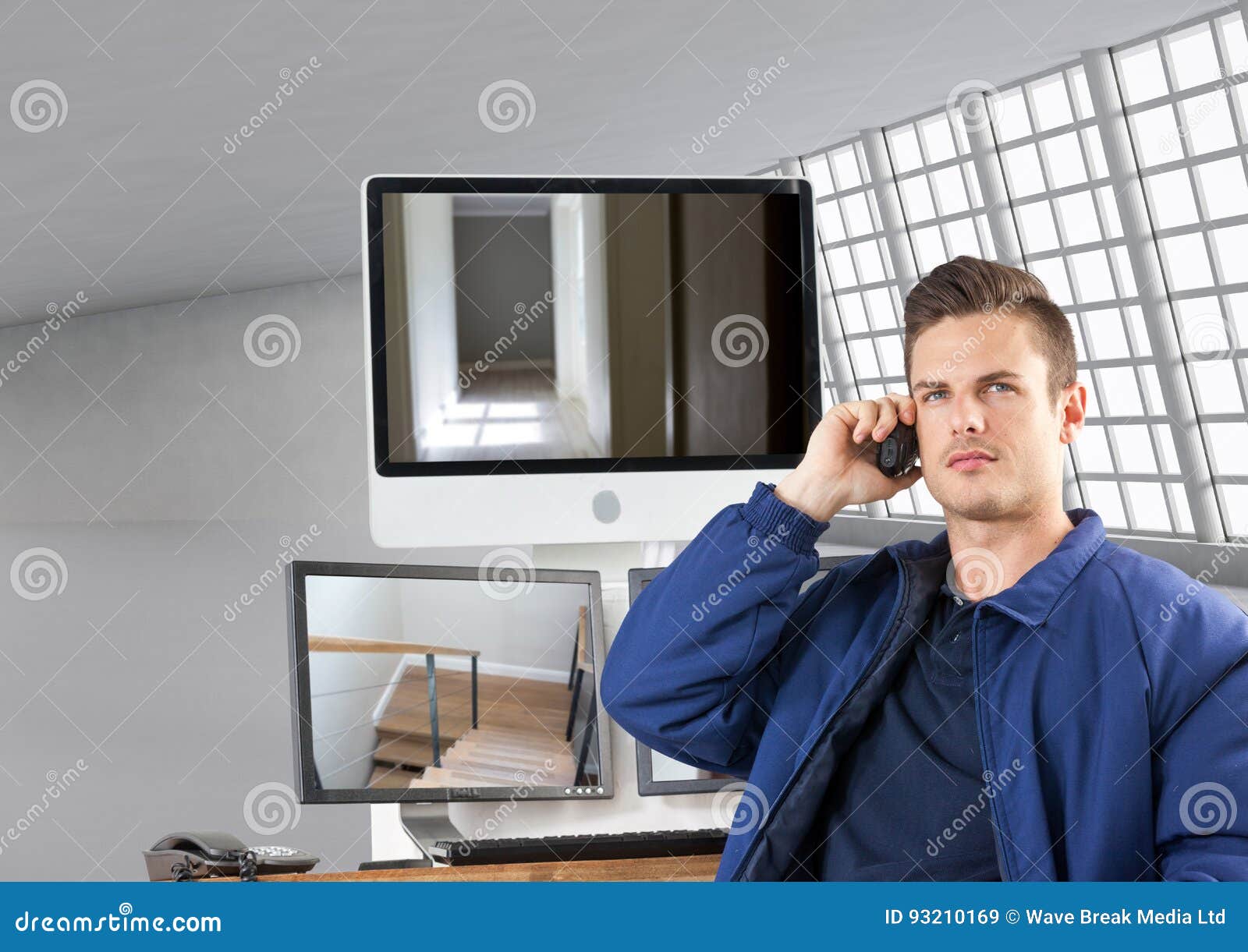 Security Guard Phoning in Front of the Screens Stock Image - Image of ...