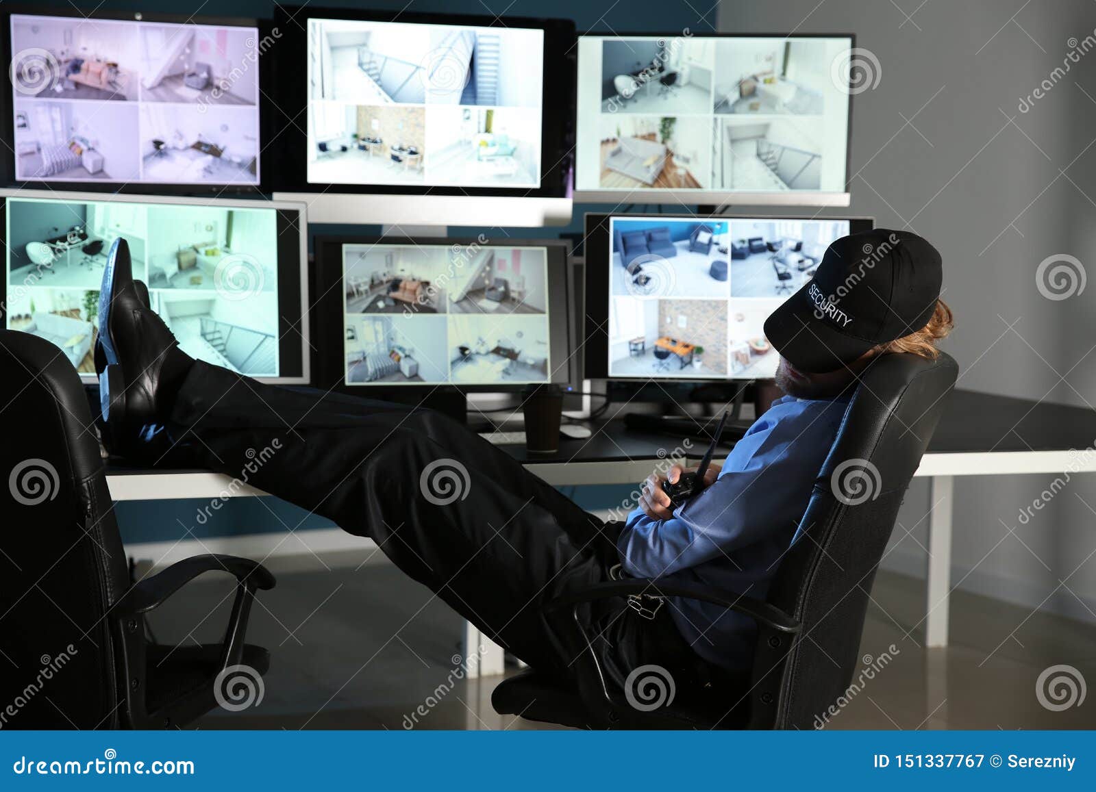 Security Guard Sleeping in Surveillance Room Stock Image - Image of ...