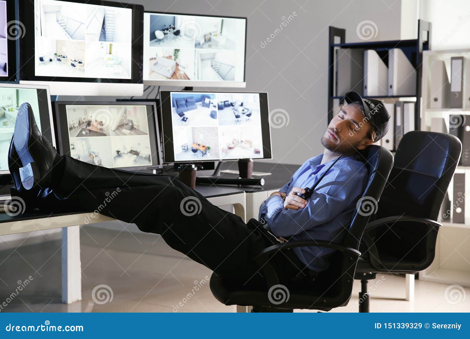Security Guard Sleeping in Surveillance Room Stock Image - Image of ...