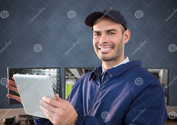 Security Guard Smiling in Front of the Computers with Tablet Stock ...