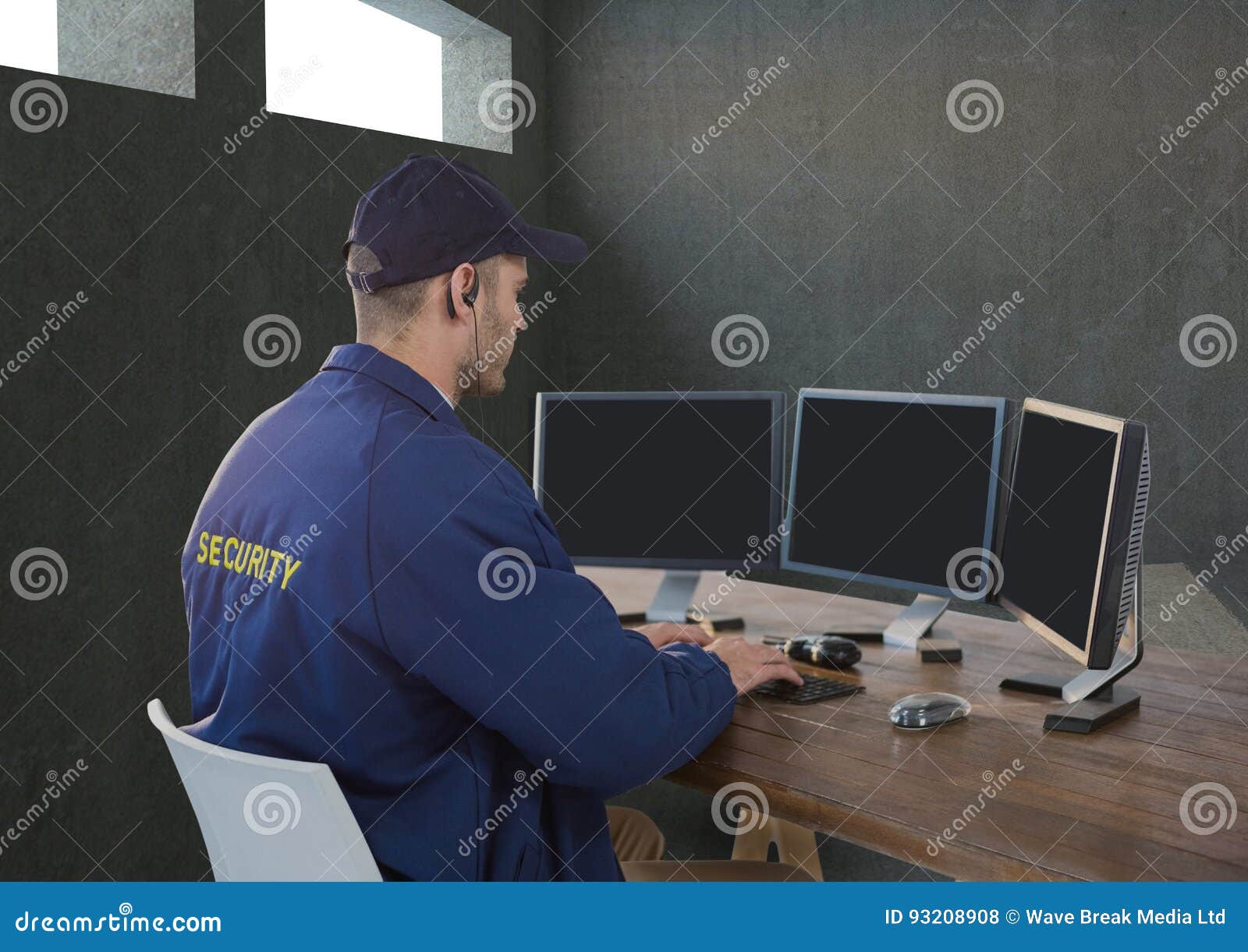 Security Guard Tin His Desk with His Technology. Stock Illustration ...