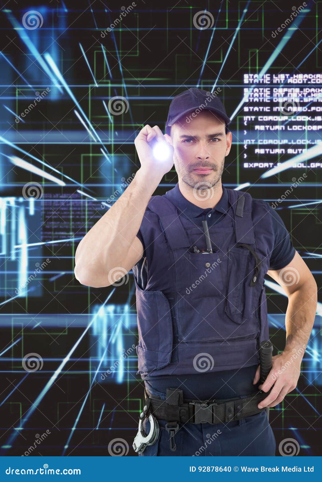 Security Guard Using Flashlight Against Abstract Background Stock Photo ...