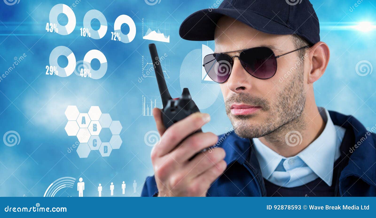Security Guard Using Radio Against Graphics Stock Image - Image of ...