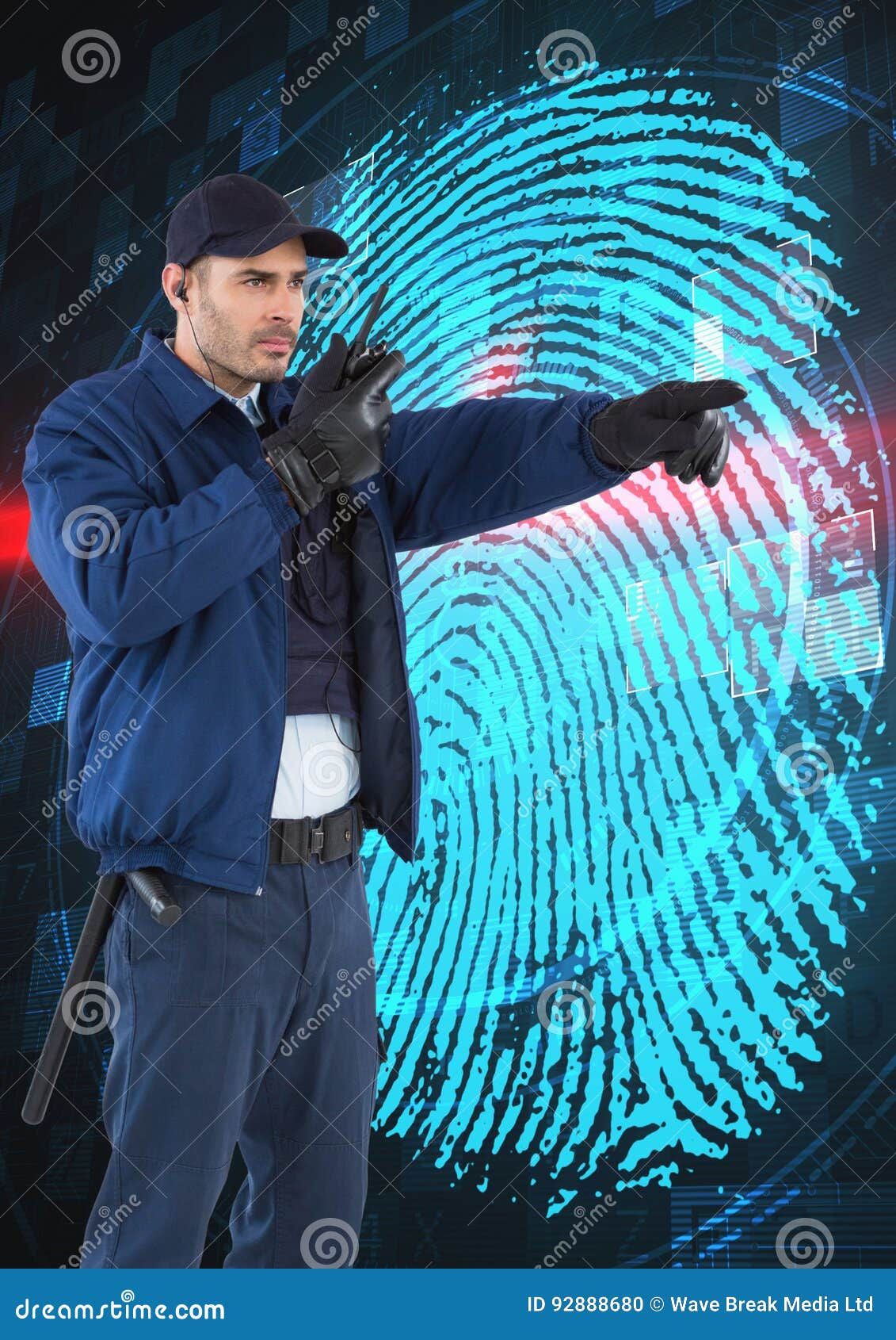 Security Guard Using Radio while Pointing Away Against Finger Print on ...