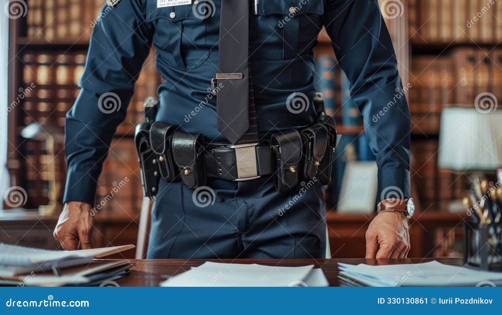 Security Guard Standing at Desk in Library or Office Stock Image ...
