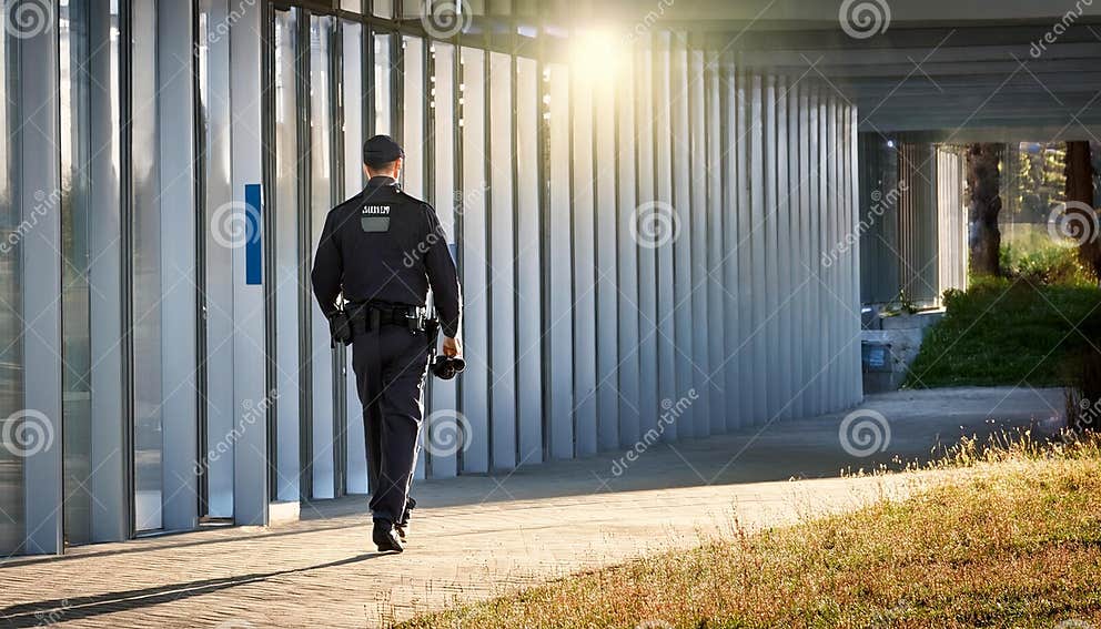 Security Guard Walking Building Perimeter with Flashlight Stock Photo ...