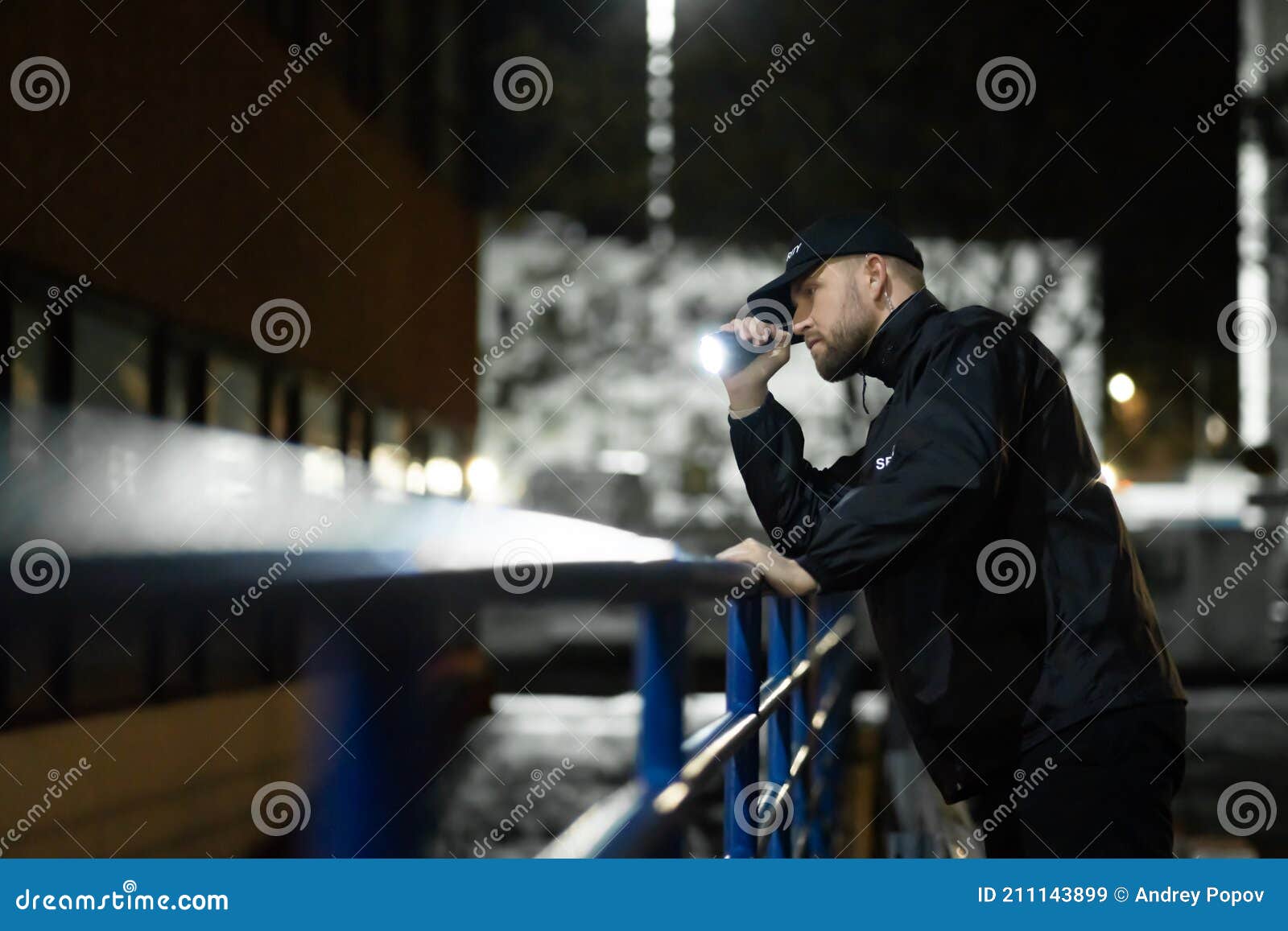 Security Guard Walking Building Perimeter Stock Image - Image of light ...