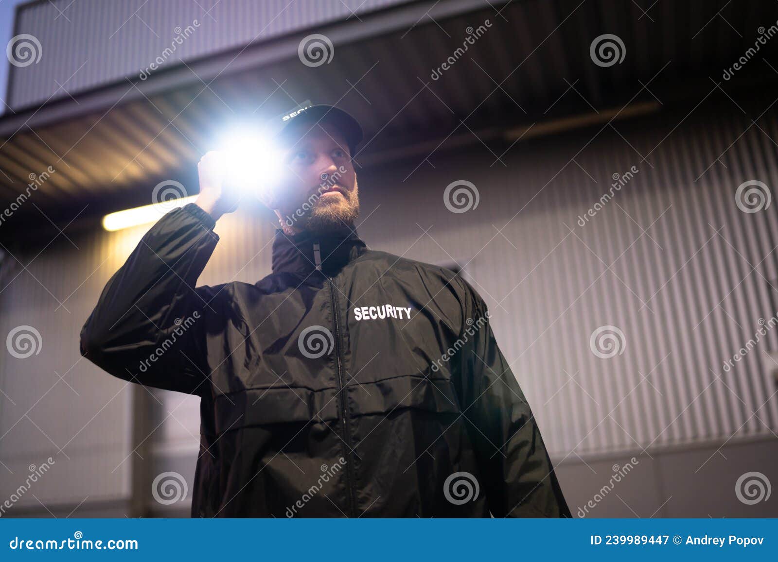 Security Guard Walking Building Perimeter with Flashlight Stock Image ...