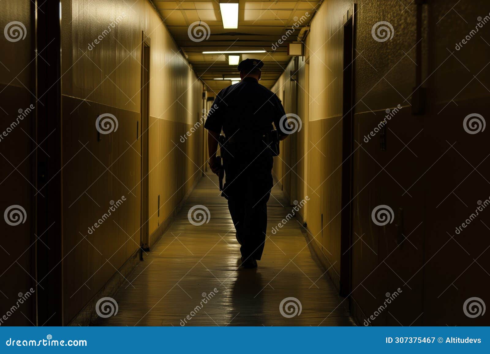 Security Guard Walking through Dimly Lit Corridor Stock Illustration ...