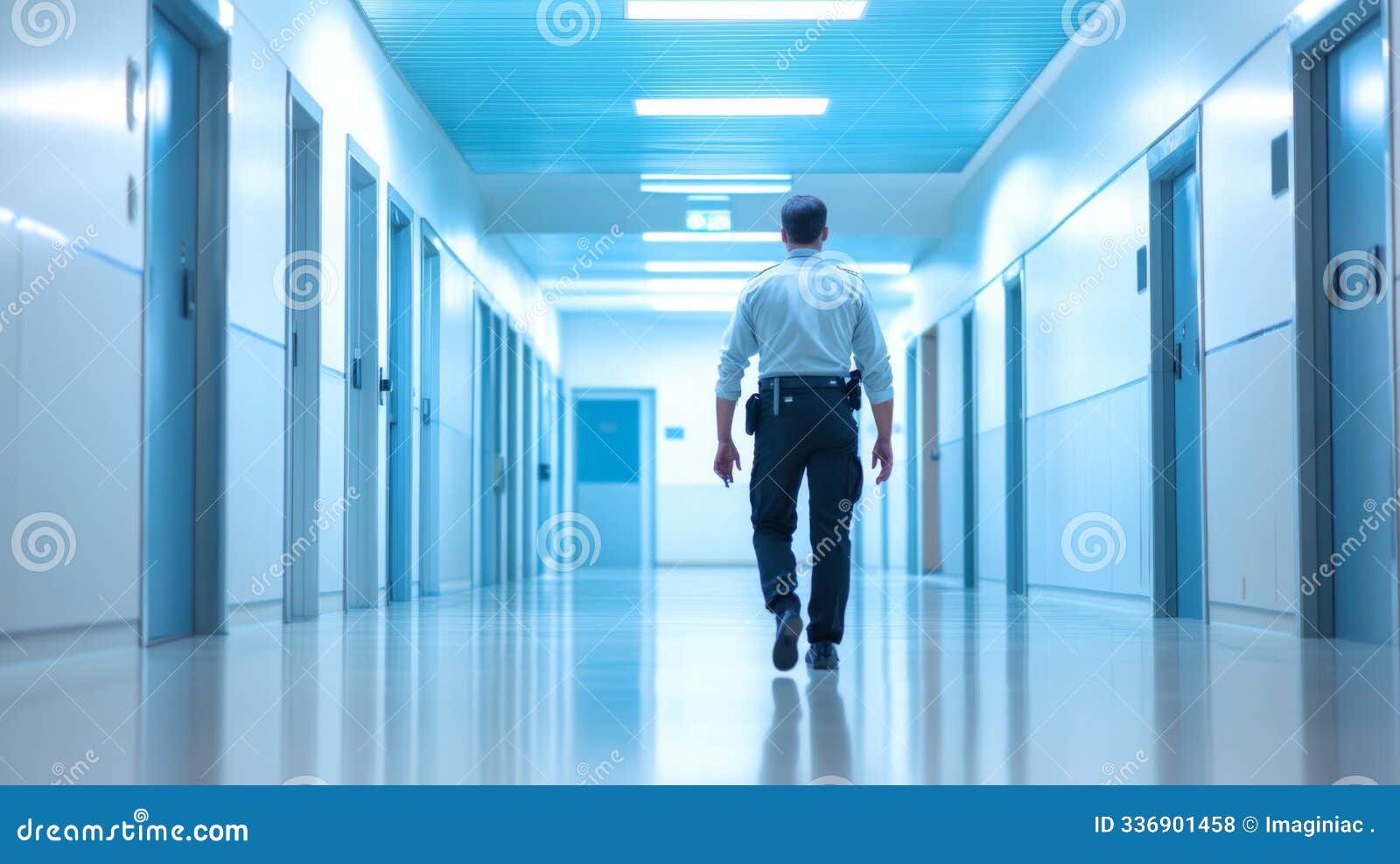 Security Guard Walking Down a Long, Bright Corridor Stock Illustration ...