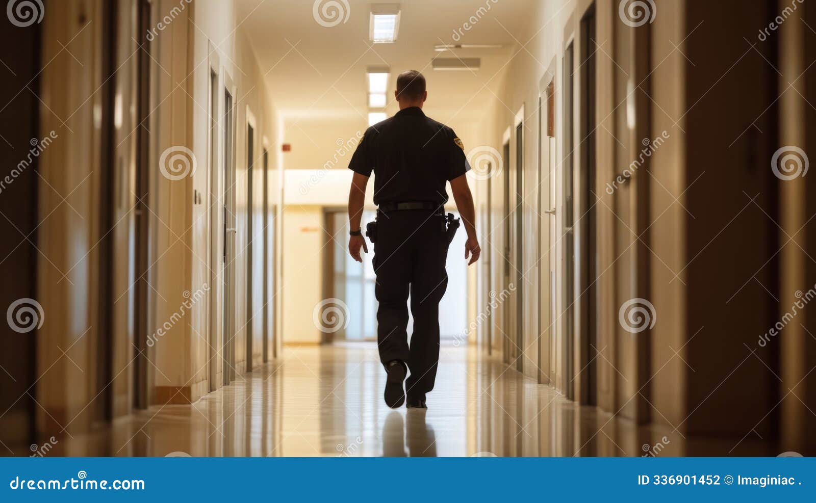 A Security Guard Walking Down a Long Hallway Stock Illustration ...